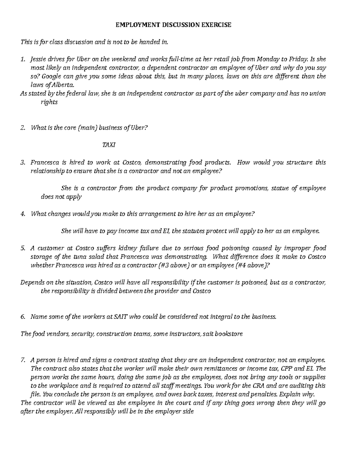 Employment Discussion Exercise - EMPLOYMENT DISCUSSION EXERCISE This is ...