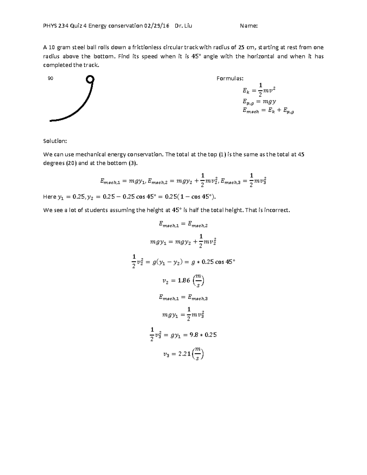 PHYS 234 Quiz 4 Energy Conservation - PHYS 234 Quiz 4 Energy ...