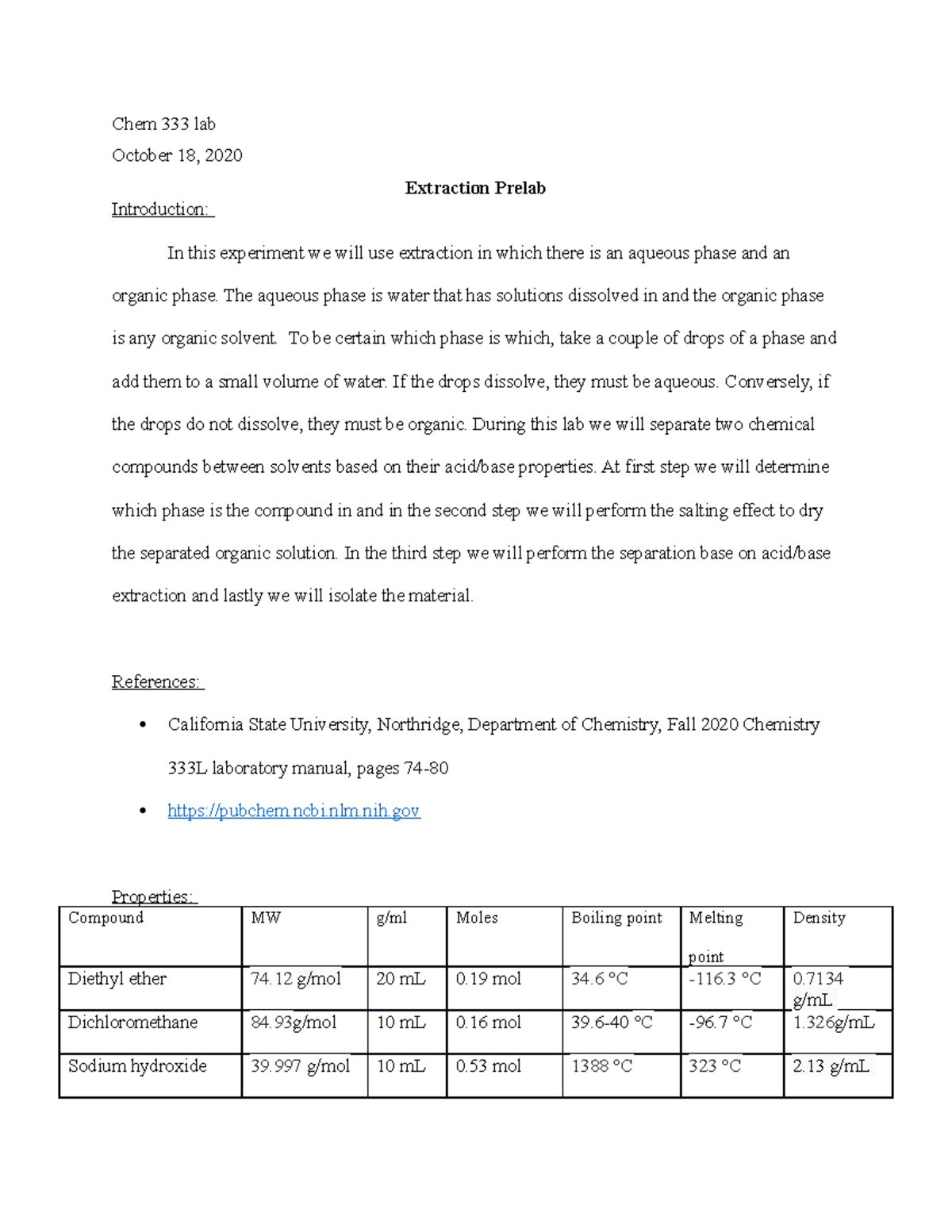 Extraction prelab - Chem 333 lab October 18, 2020 Introduction ...