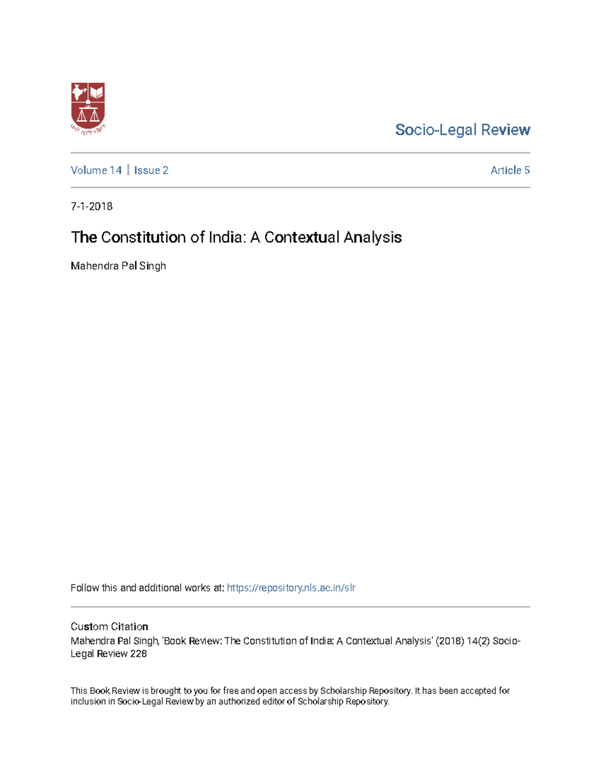 The Constitution of India A Contextual Analysis - Socio-Legal ReviewSocio-Legal Review Volume 14 ...