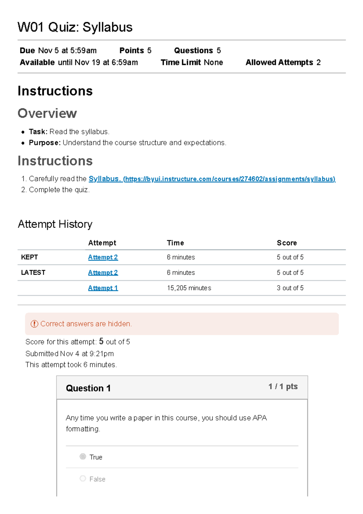 W01 Quiz Syllabus Health Communications - W01 Quiz: Syllabus Due Nov 5 at 5:59am Points 5 ...