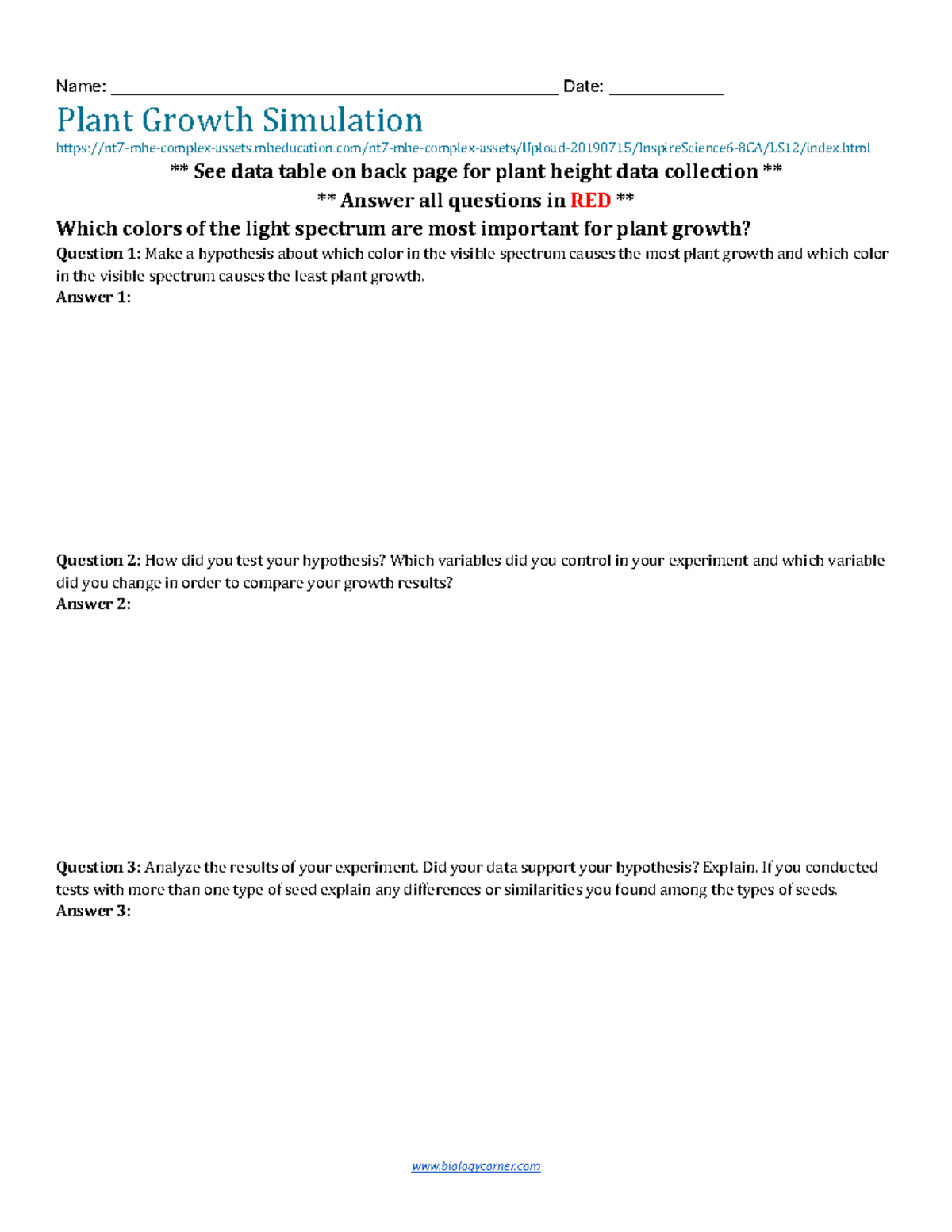 Photosynthesis colors Virtual Lab -1 - biologycorner Name: - Studocu