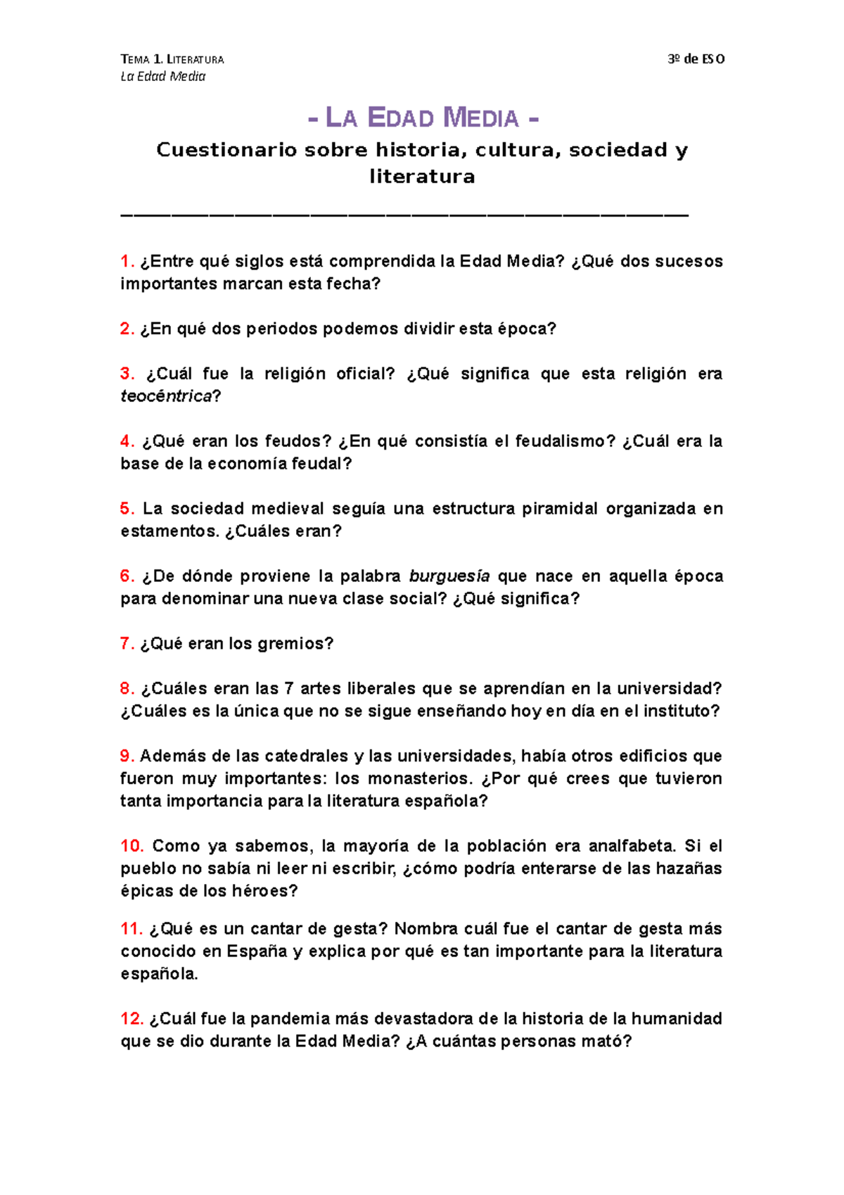 La Edad Media. Cuestionario historia, cultura, sociedad y literatura ...