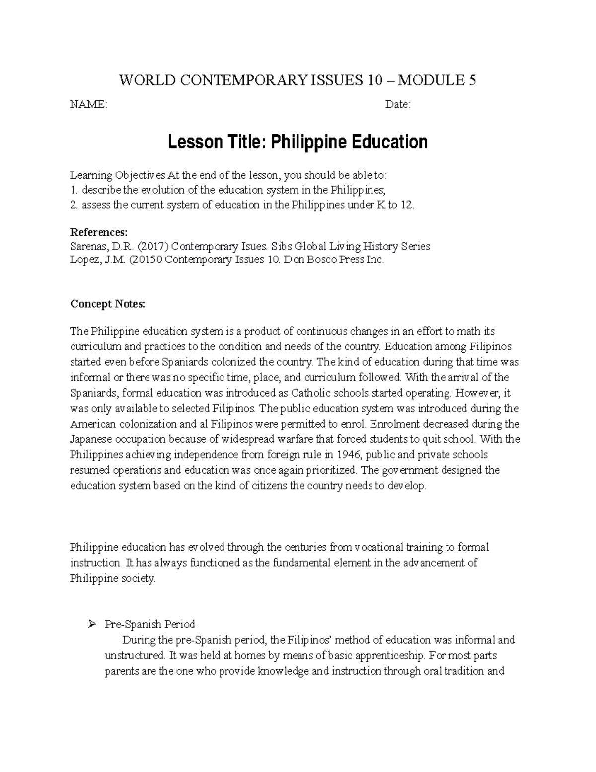 Module-Philippine-Education - WORLD CONTEMPORARY ISSUES 10 – MODULE 5 ...