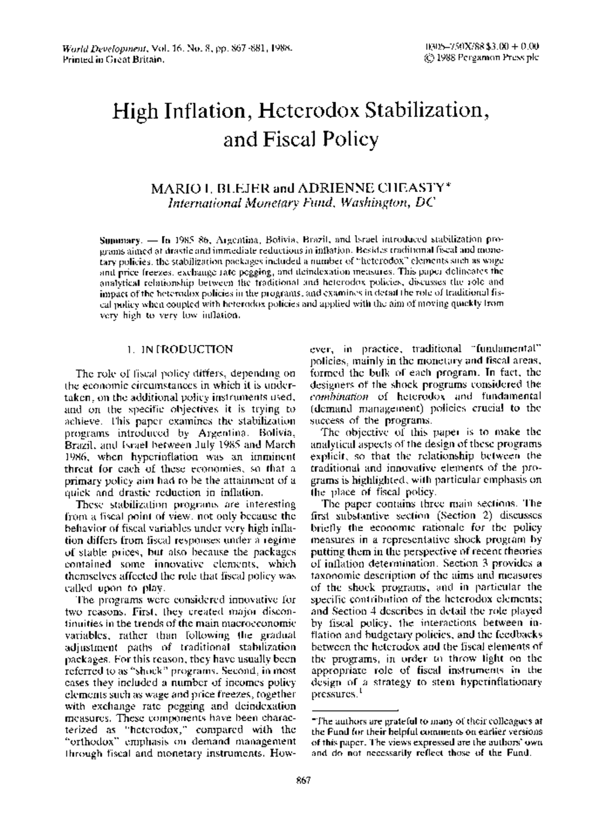 Heterodox stabilization - Blejer High - World Developmenf, Vol. 16, No ...