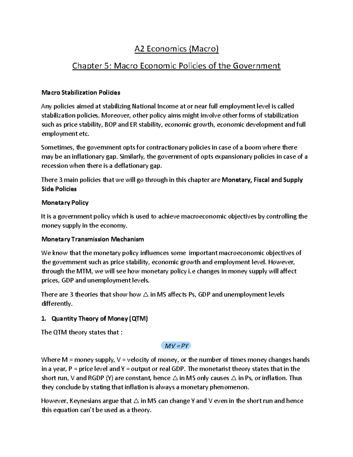 A2 Economics chapter 12 - A2 Economics (Macro) Chapter 5: Macro ...