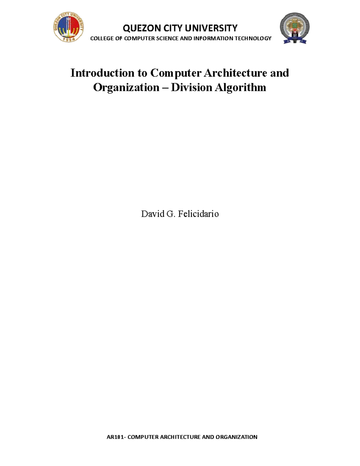 Division Algorithm Notes - AR101 - COLLEGE OF COMPUTER SCIENCE AND ...
