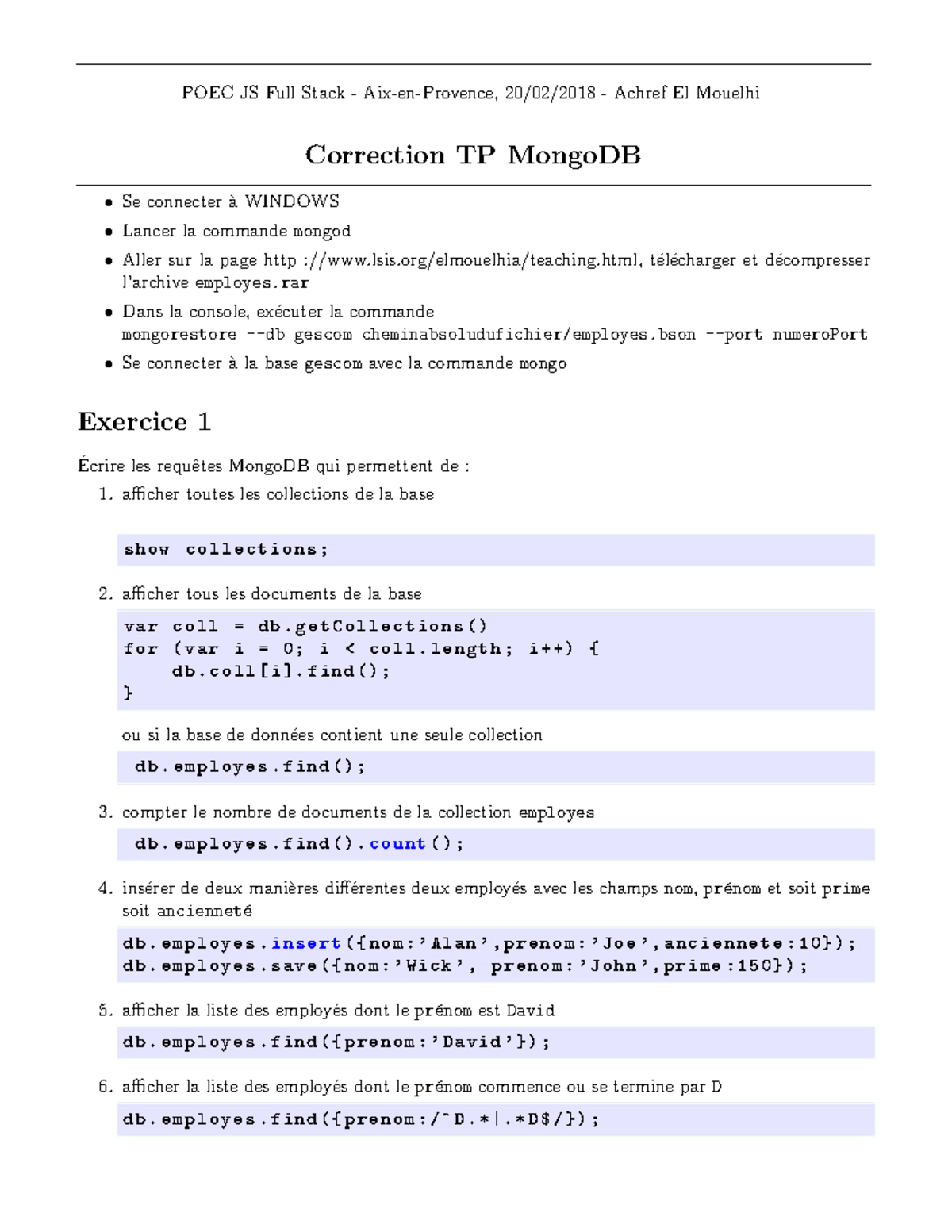 Correction Tp Mongo DB - POEC JS Full Stack - Aix-en-Provence, 20/02/2018 - Achref El Mouelhi ...