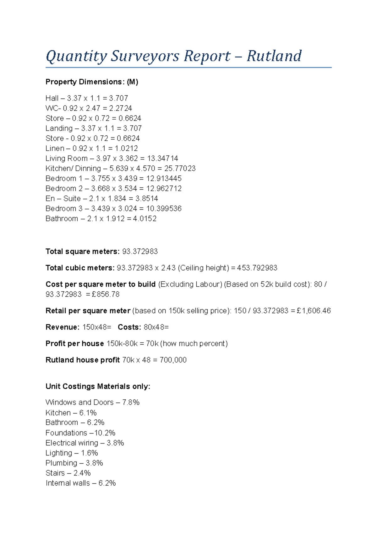 Quantity Surveyors Report - WC- 0 x 2 = 2. Store – 0 x 0 = 0. Landing ...