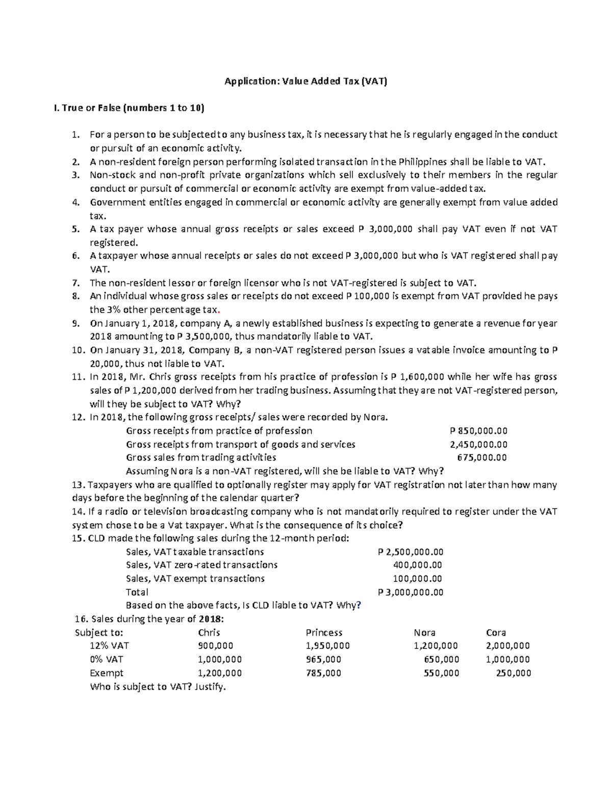 VAT chapter 12 answers key - Application: Value Added Tax (VAT) I. True ...
