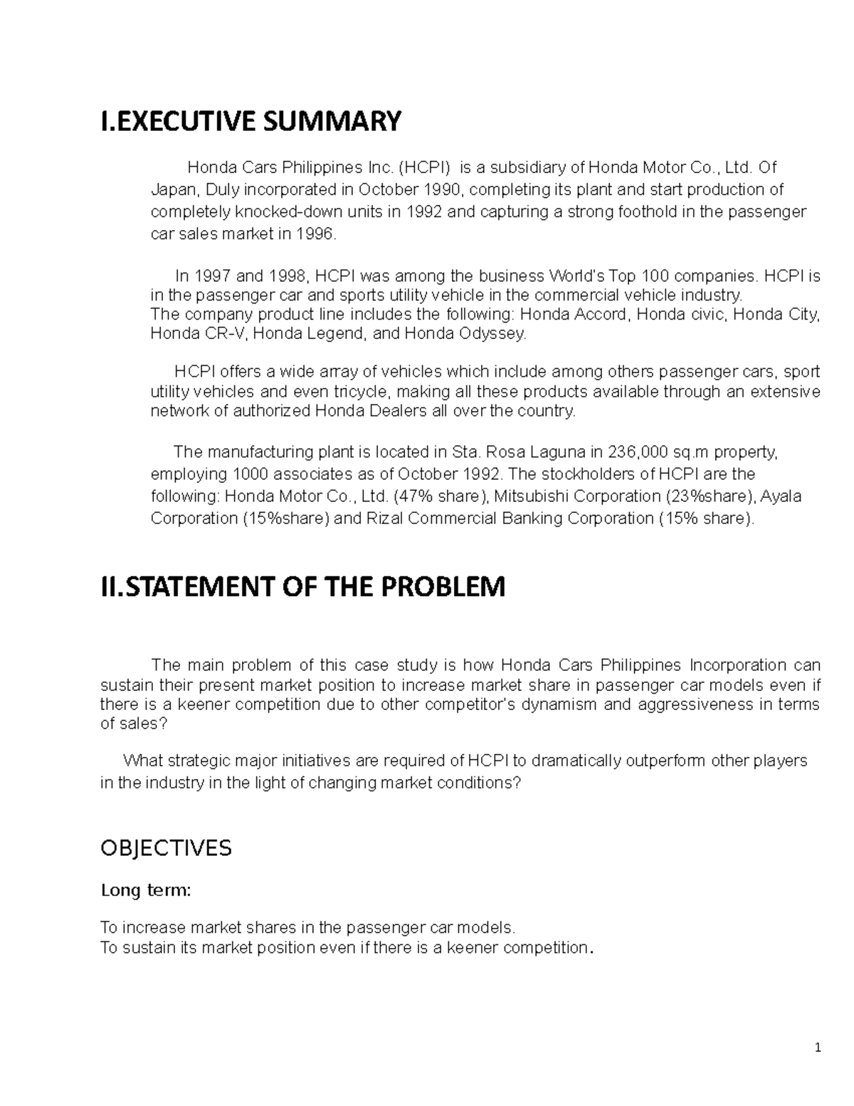 384402152 Case Study Od Final - I SUMMARY Honda Cars Philippines Inc ...