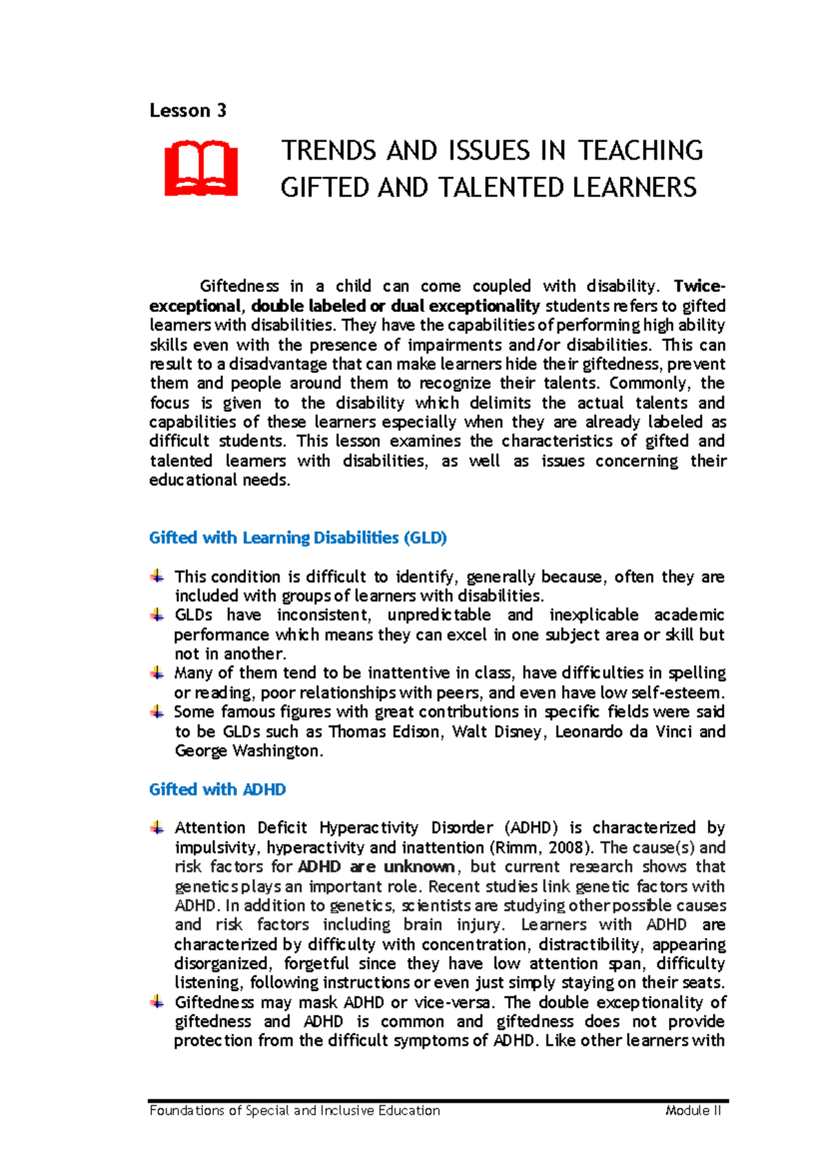 Module-2- Lesson-3 - Lesson 3 Giftedness in a child can come coupled ...