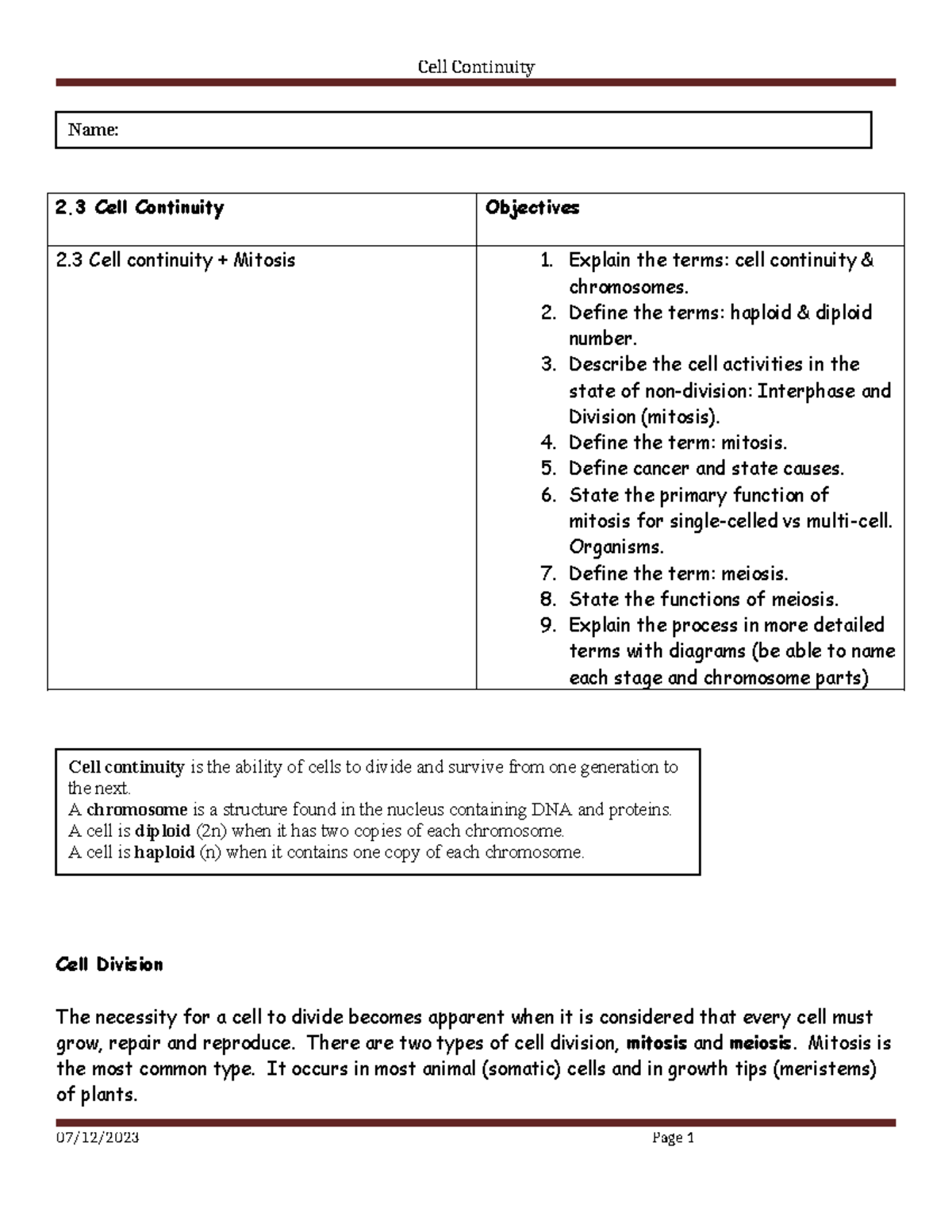 2.3 Cell division H 2 - 2 Cell Continuity Objectives 2 Cell continuity ...