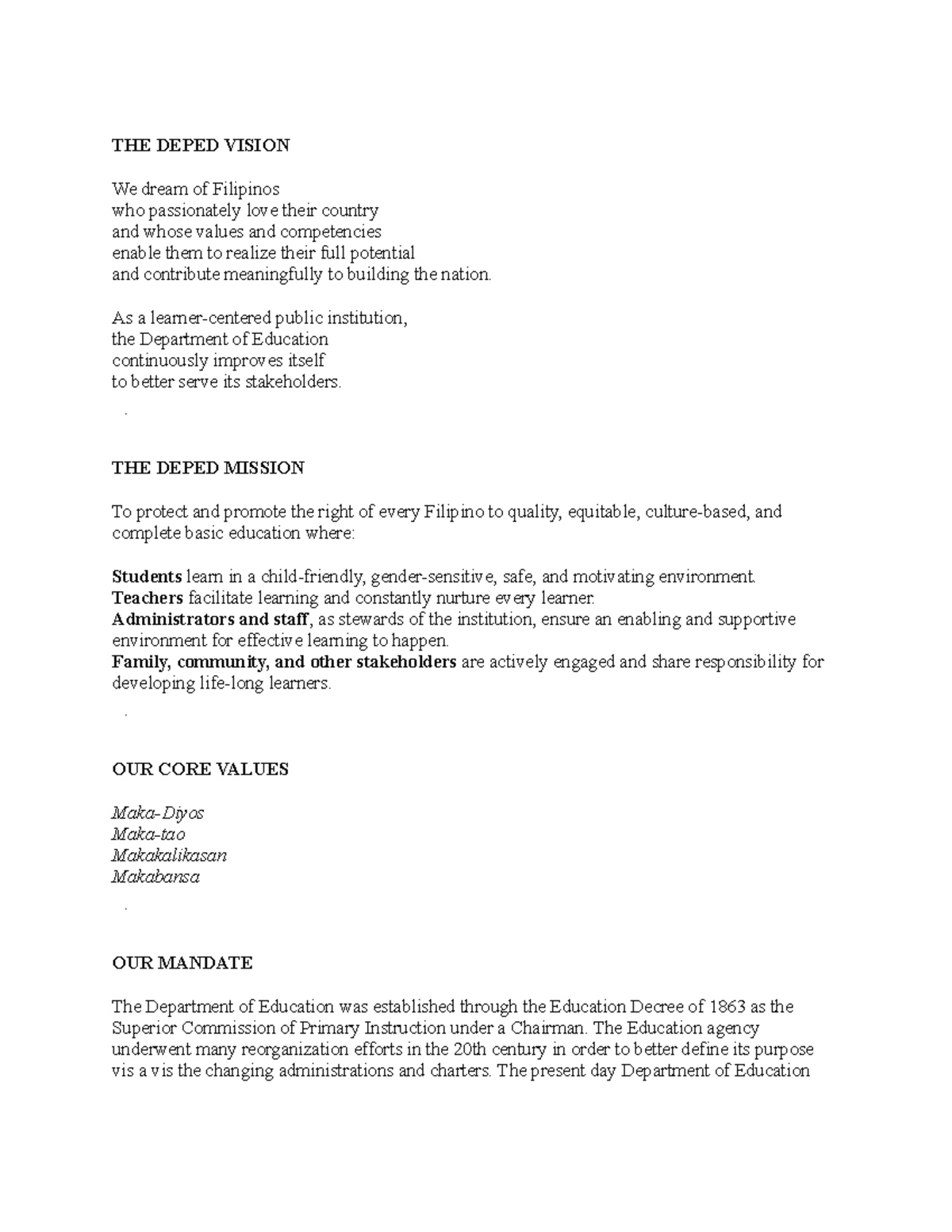 THE Deped Vision - THE DEPED VISION We dream of Filipinos who ...