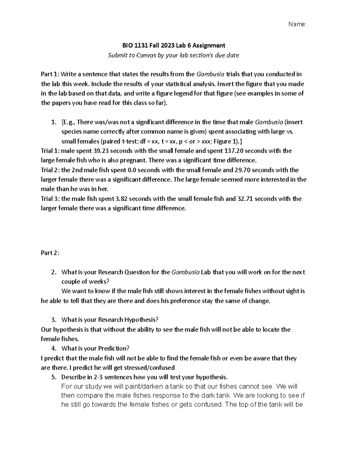 Copy of Lab 6 Fish Behavior - Name: BIO 1131 Fall 2023 Lab 6 Assignment ...