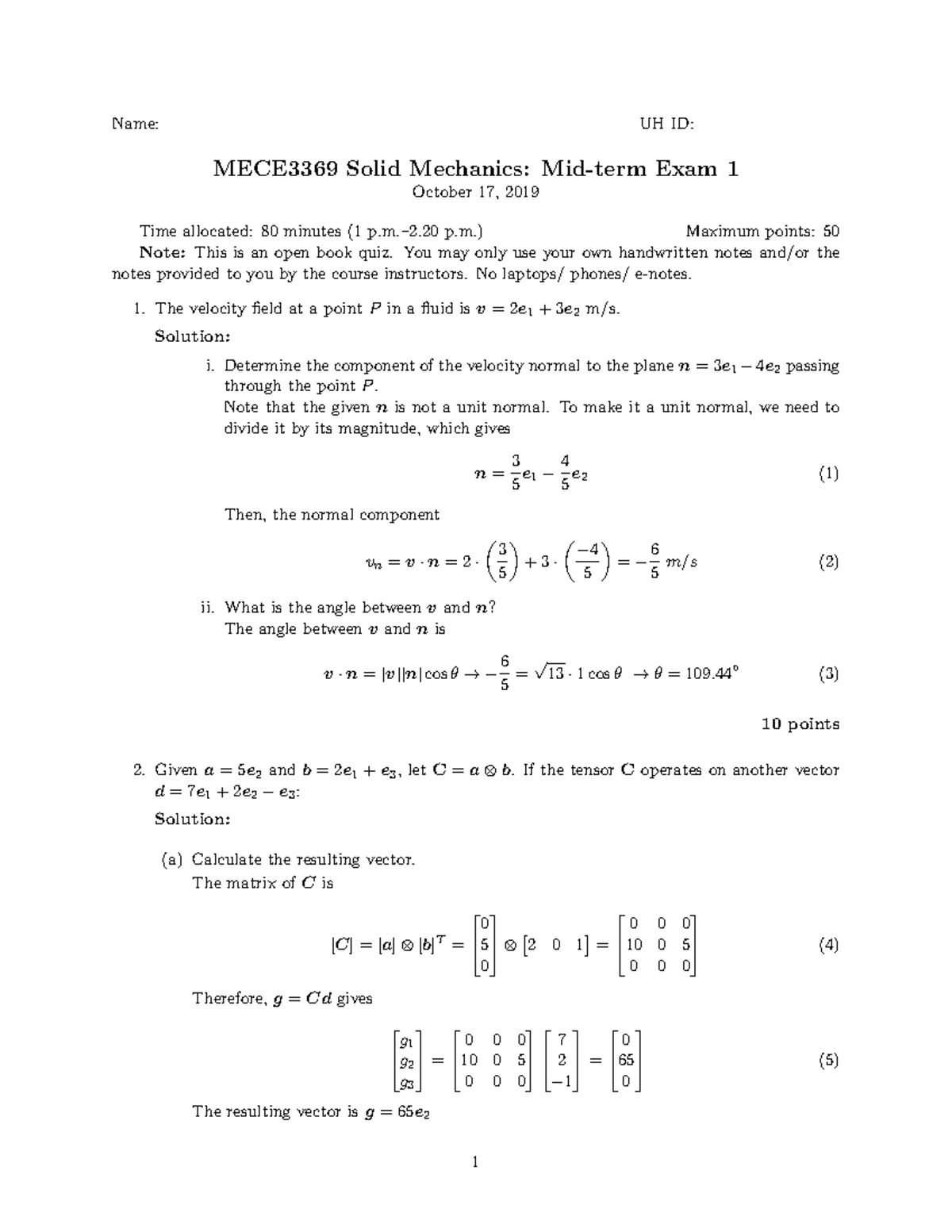MT1-19 - Mid-term Exam 1 - Name: UH ID: MECE3369 Solid Mechanics: Mid ...