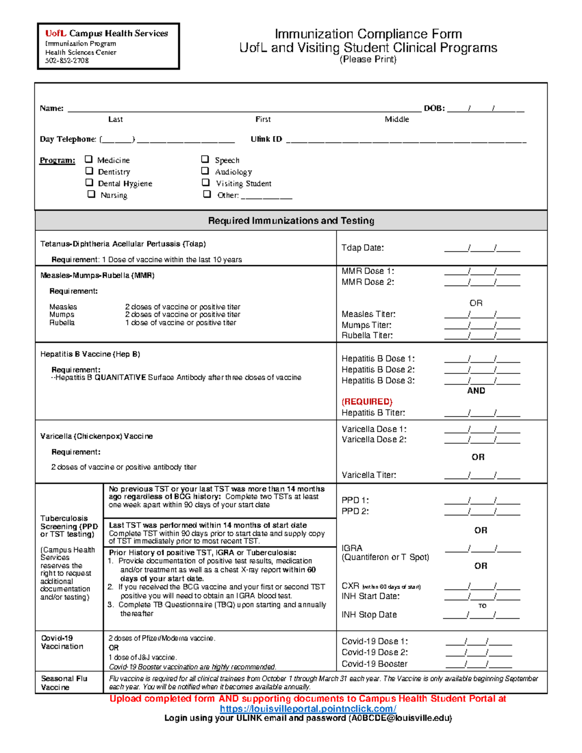 HSC Student Immunization Tracking form - Immunization Compliance Form ...