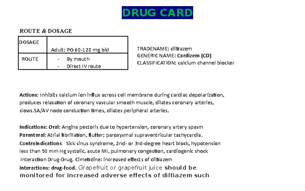 Cardizem (CD) - DRUG CARDS - DRUG CARD ROUTE & DOSAGE TRADENAME ...