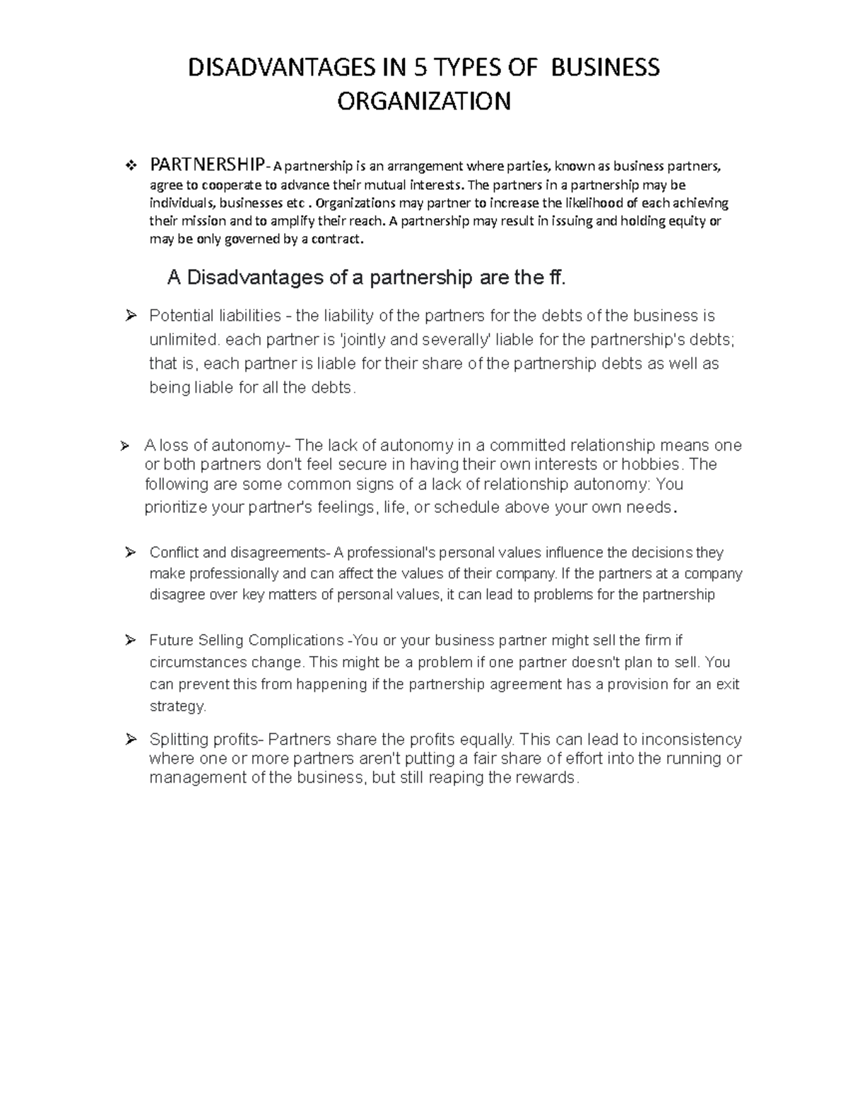 Disadvantage - DISADVANTAGES IN 5 TYPES OF BUSINESS ORGANIZATION ...