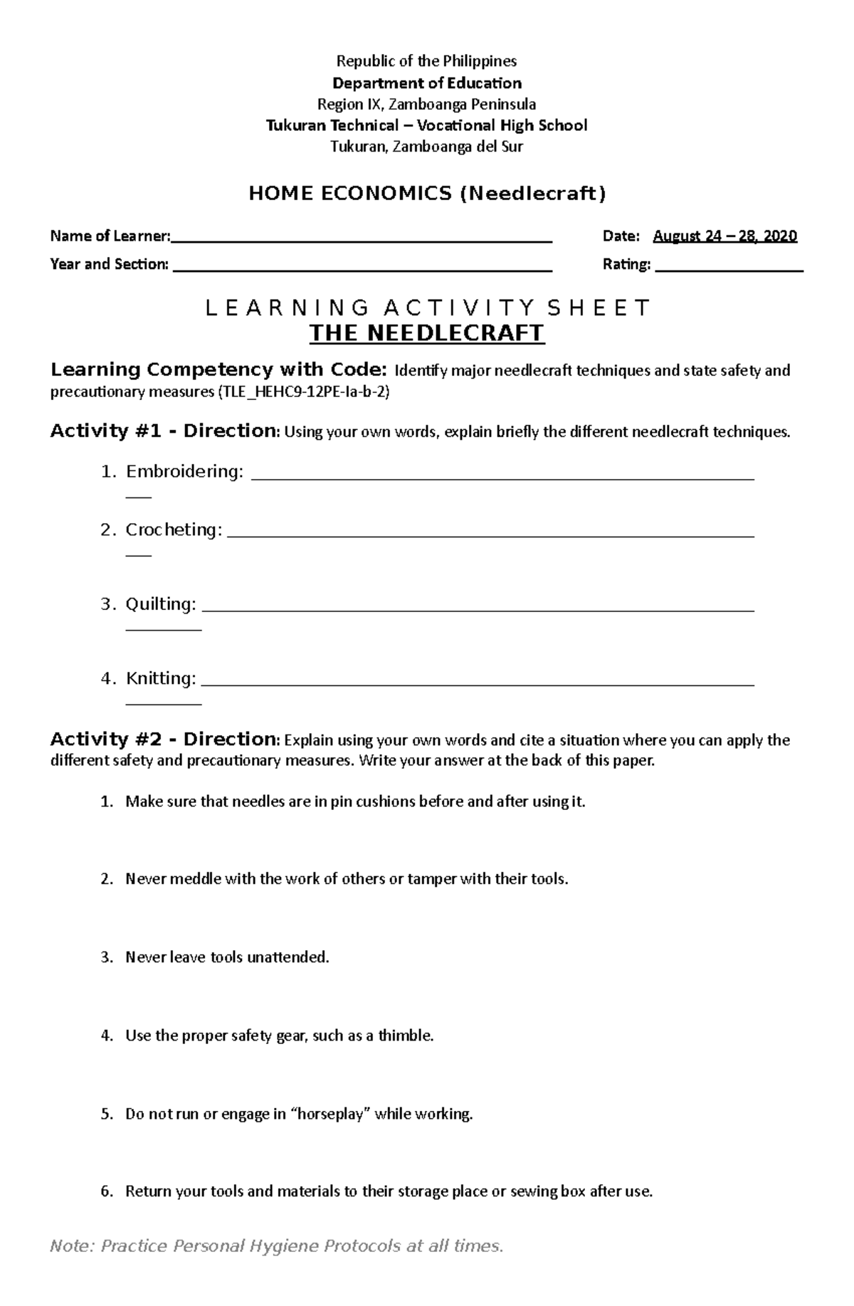 Needlecraft week1 - Republic of the Philippines Department of Education ...