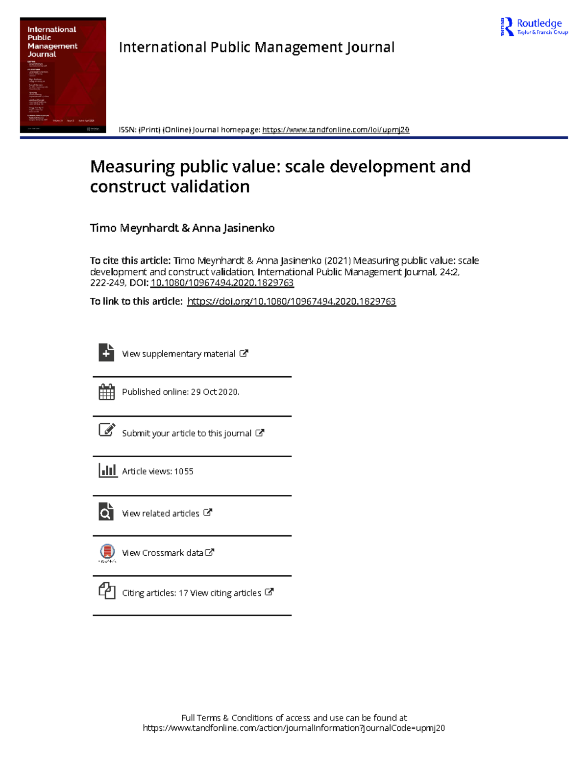 Measuring public value scale development and construct validation - 1080/10967494. To link to ...