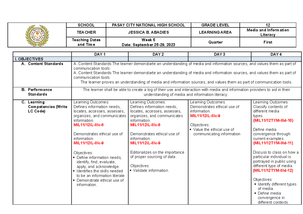 MIL 12 Q1 W5 - English subject - SCHOOL PASAY CITY NATIONAL HIGH SCHOOL ...