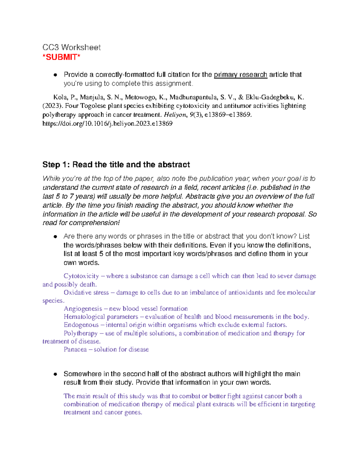 CORE Concept 3 - Summer Course - CC3 Worksheet SUBMIT Provide a ...