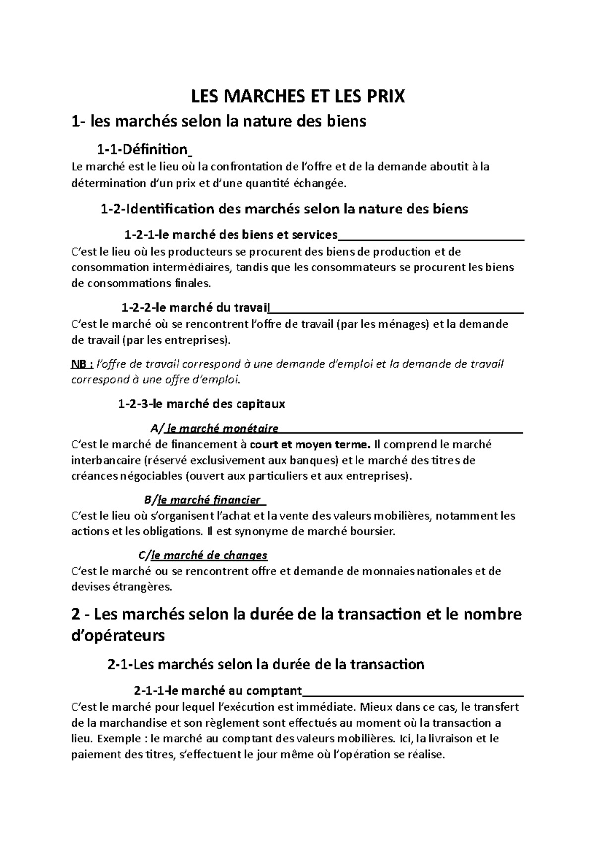 Leçon 7 - LES Marches ET LES PRIX - LES MARCHES ET LES PRIX 1- les ...