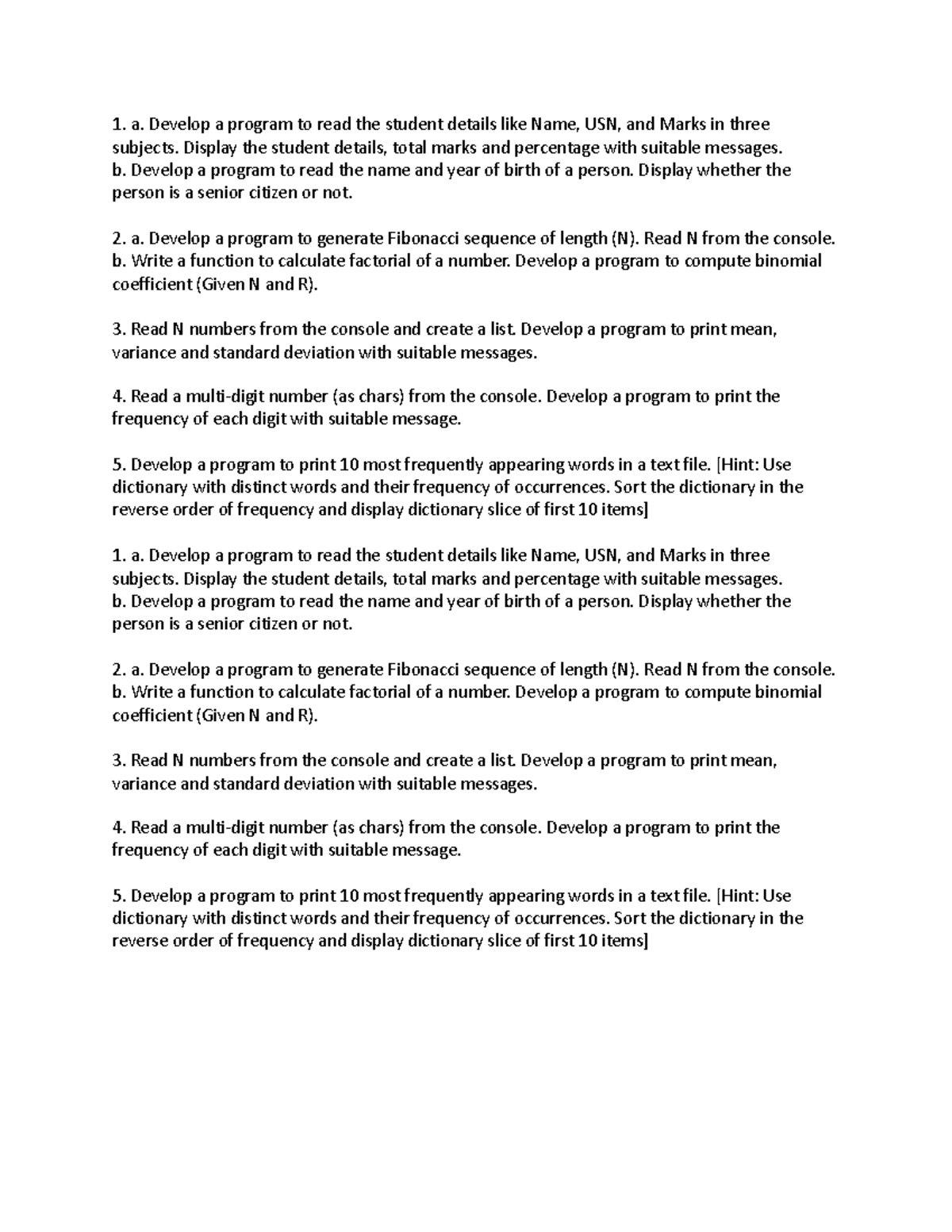 Pyth lab exam questions - a. Develop a program to read the student ...