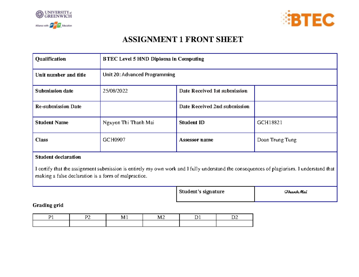 Unit 20 - Assignment 1 - Abvance Programming -2021/2022 - ASSIGNMENT 1 FRONT SHEET Qualification ...