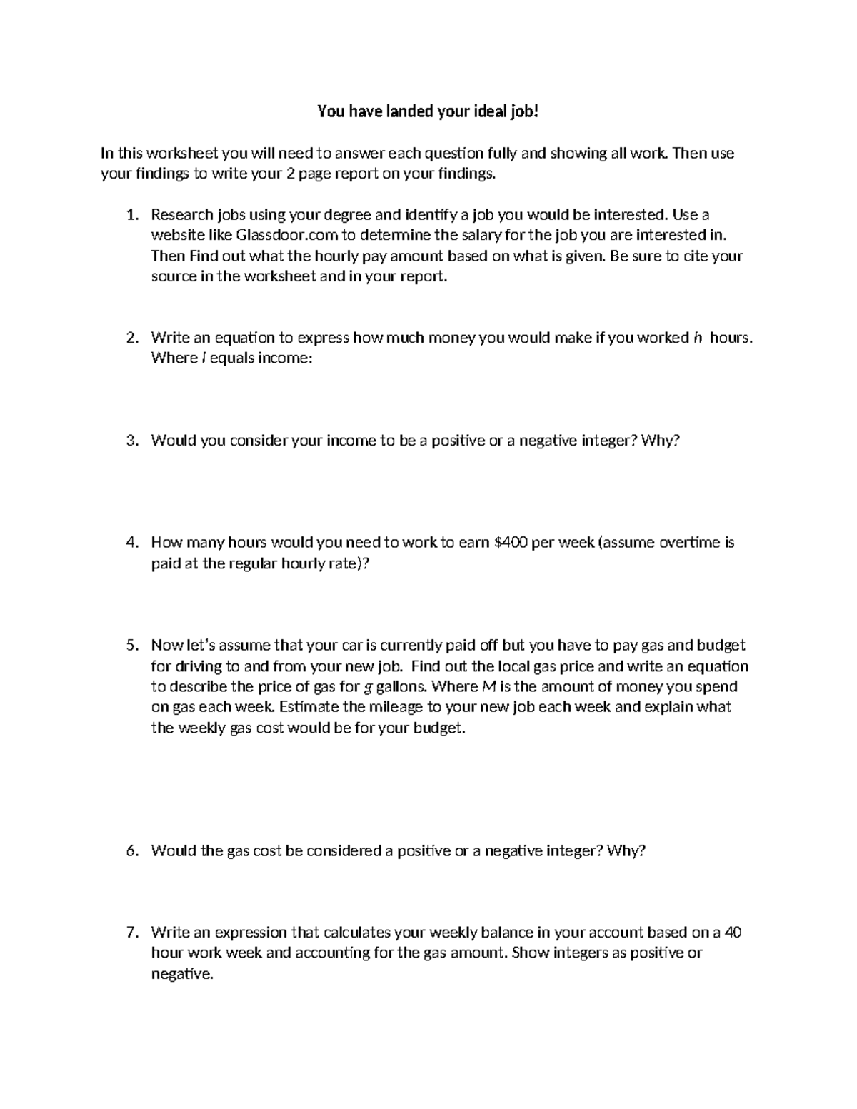 Ideal Job Worksheet - You have landed your ideal job! In this worksheet ...
