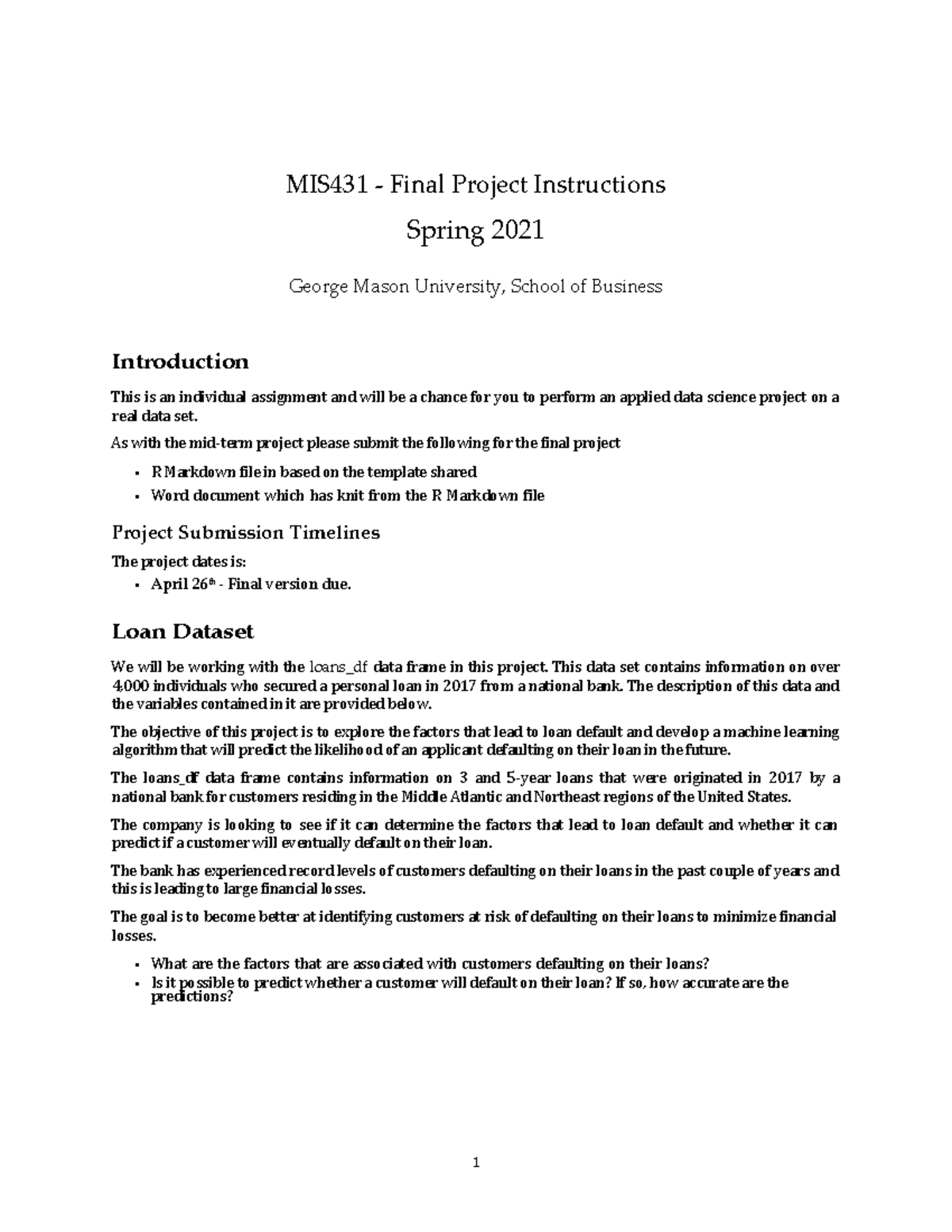 MIS 431 Spring 2021 Final Project Instructions f 1 - MIS431 - Final Project Instructions Spring ...