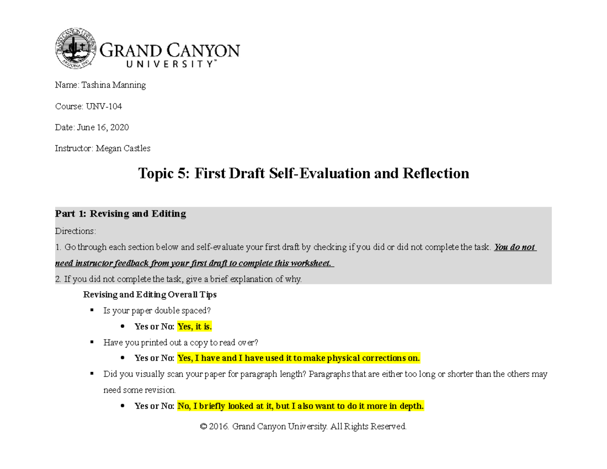 UNV-104-RS-Topic 5 First Draft Self-Evaluationand Reflection - Name ...
