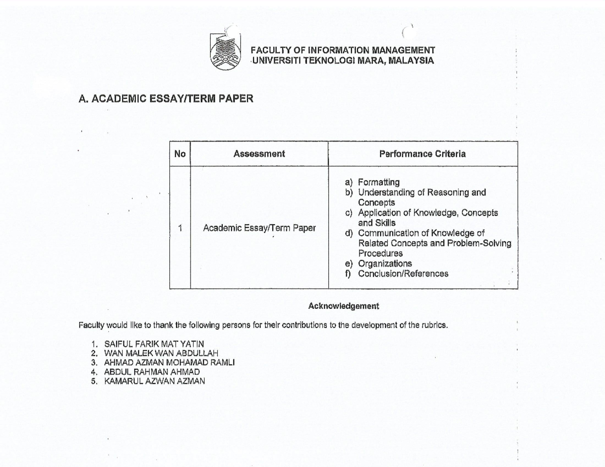 Rubric FOR Academic Essay - Information Technology in Libraries and ...