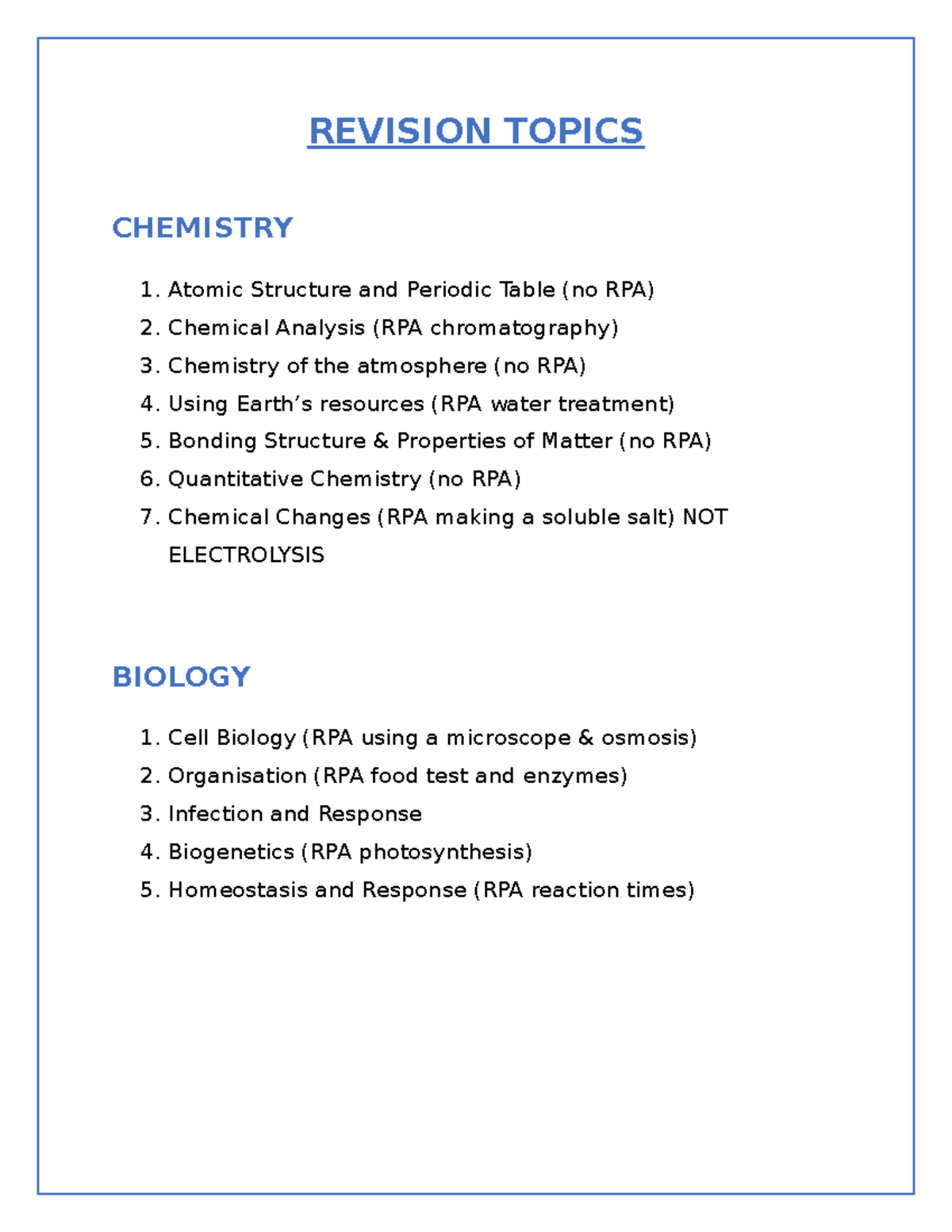 Revision Topics - topic headings - REVISION TOPICS CHEMISTRY 1. Atomic ...