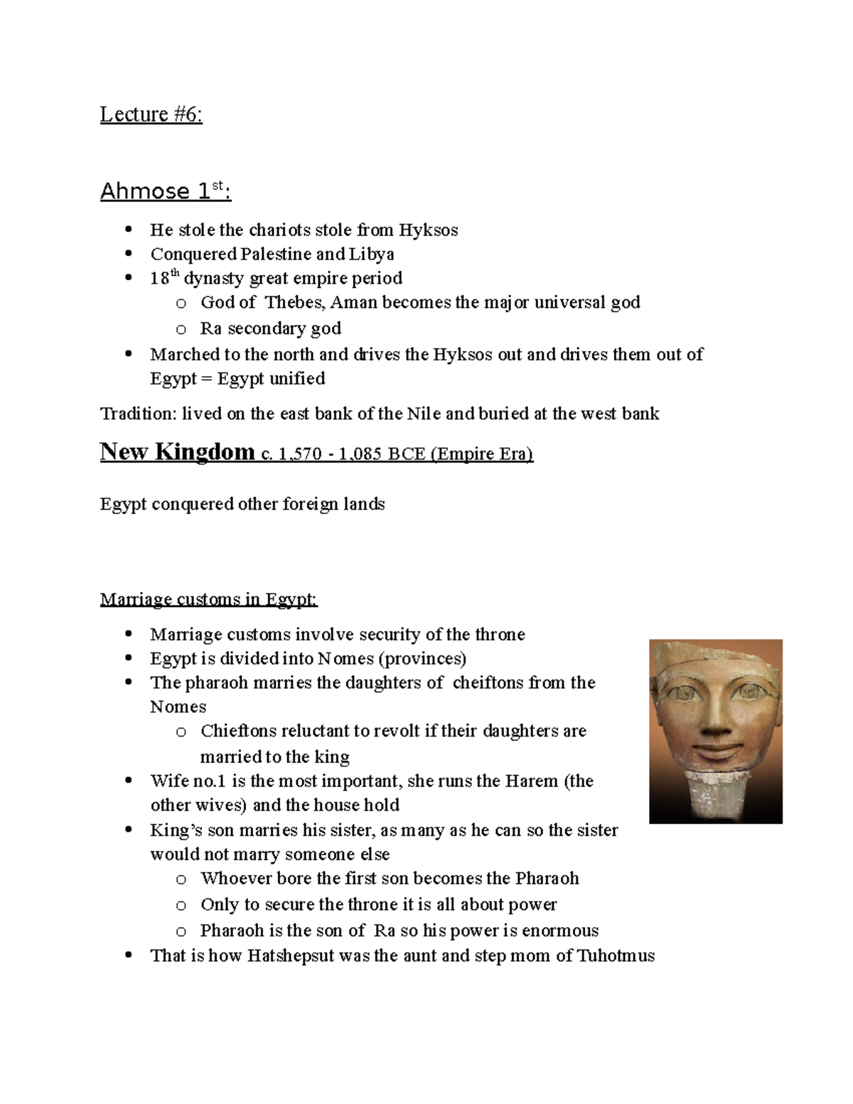 Lecture #6 - ANcient Egypt cont'd: New Kingdom and Pharoahs - Lecture ...