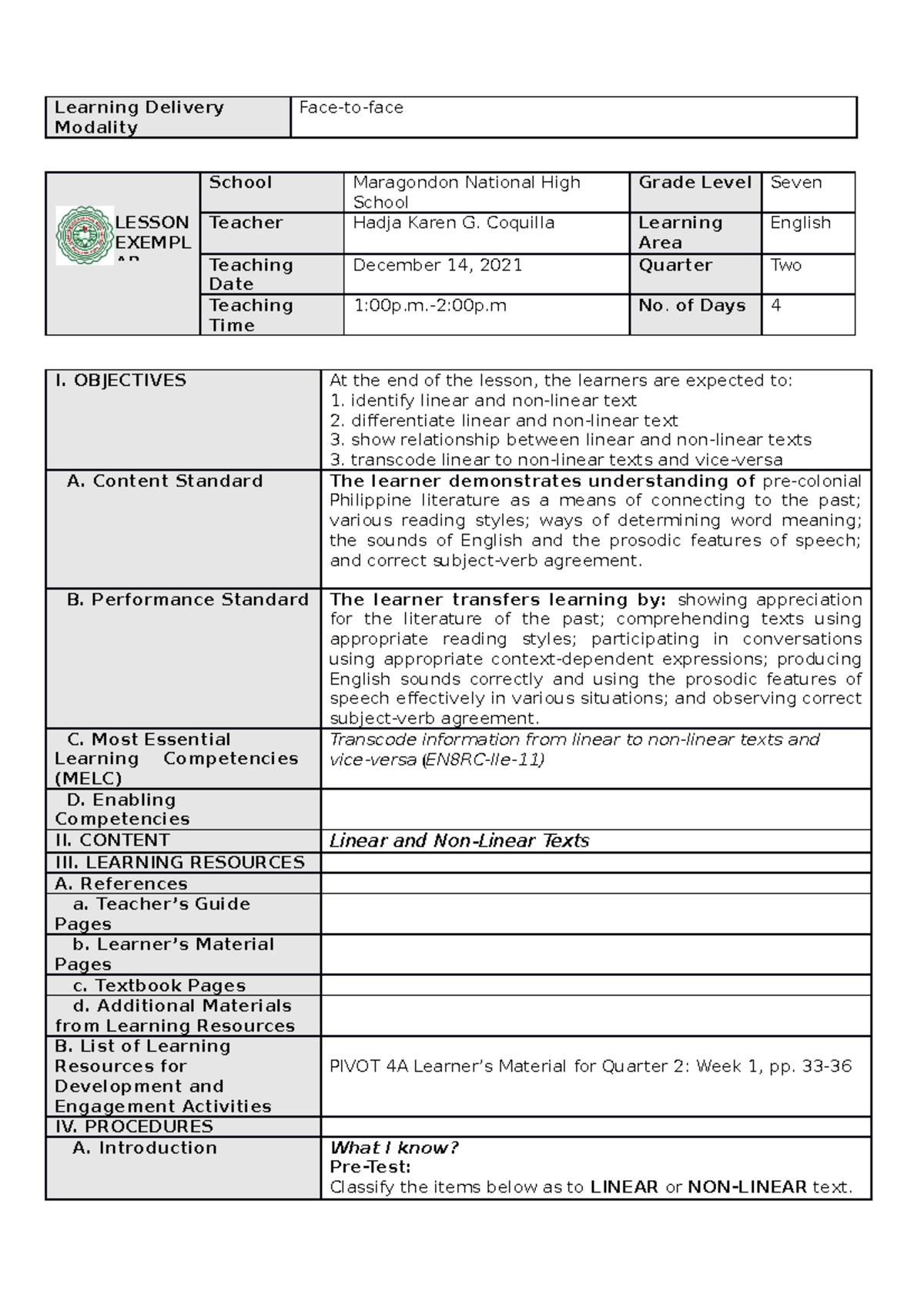 Pivot 4A Lesson Exemplar - Learning Delivery Modality Face-to-face ...