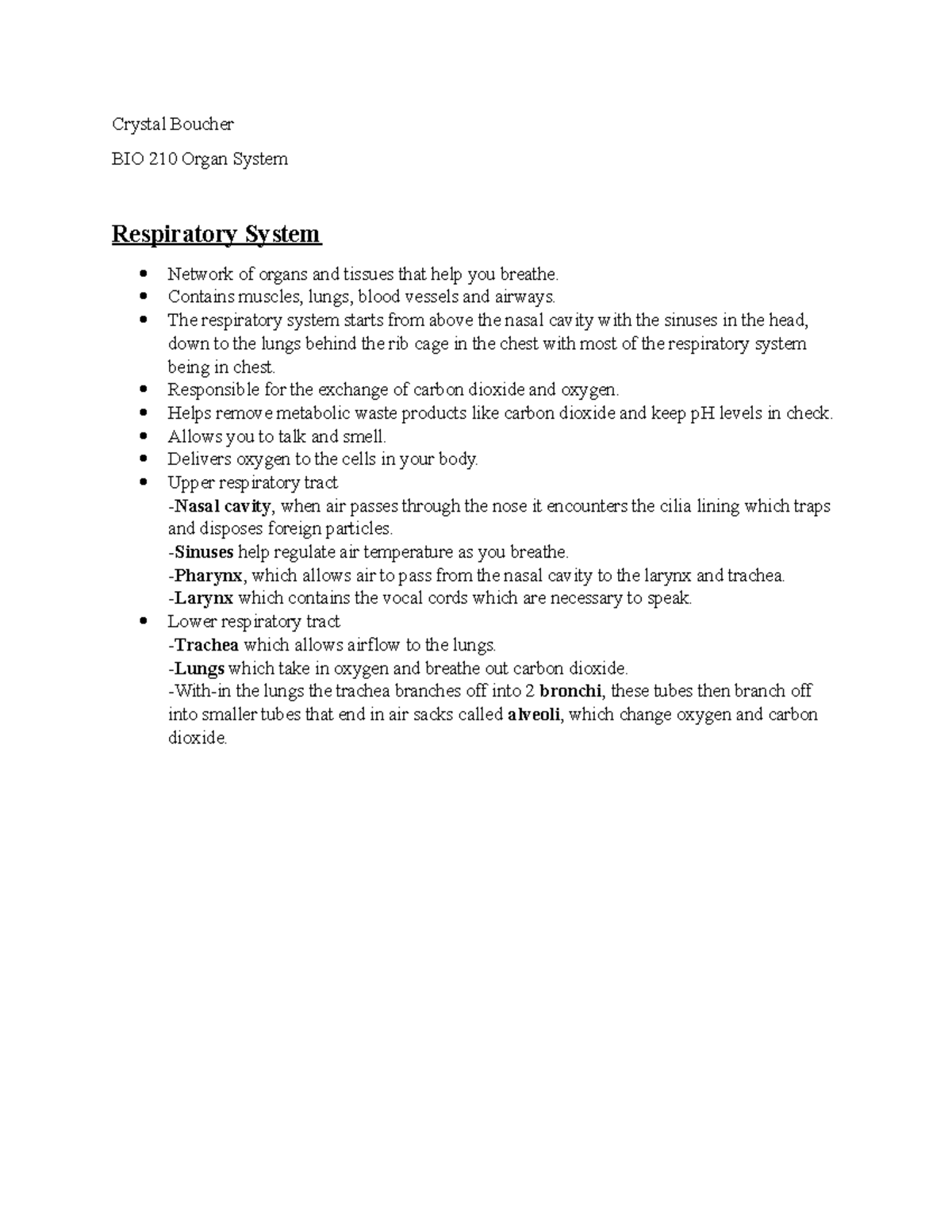 Bio 210 Module 4 - Crystal Boucher BIO 210 Organ System Respiratory ...