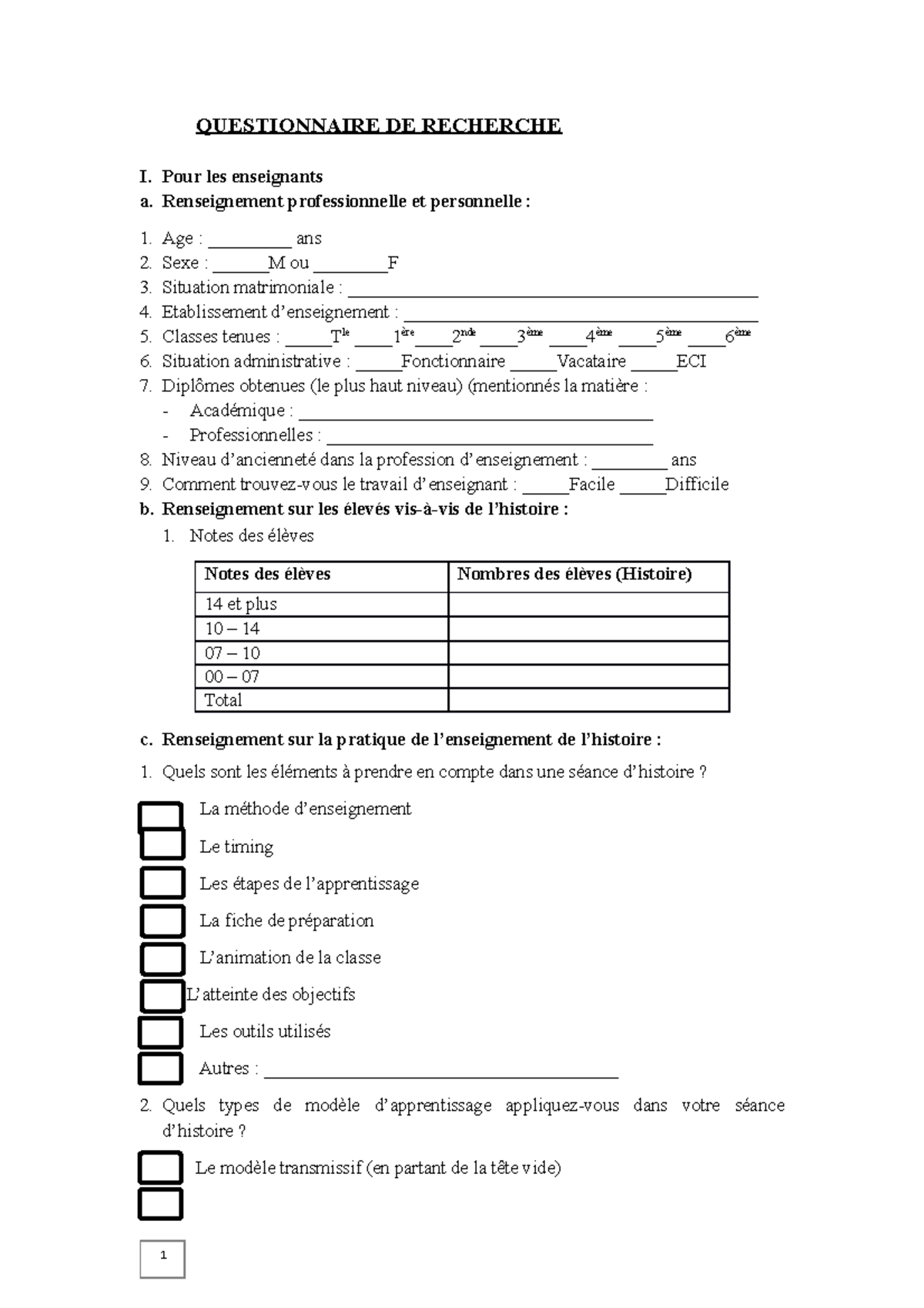 questionnaire d'enquêtes sur le terrain. outil de collecte des données ...