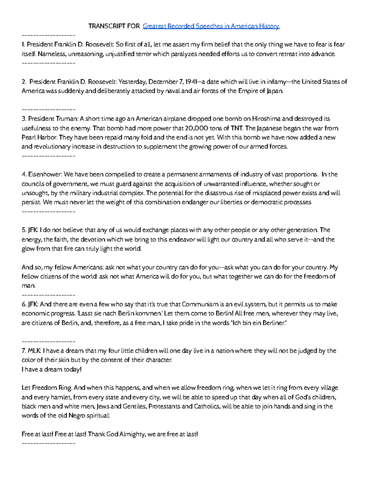 Transcript FOR Greatest Recorded Speeches in American History ...