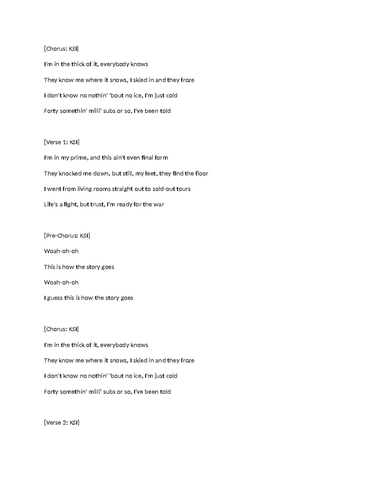 Chorus - KSI - [Chorus: KSI] I'm in the thick of it, everybody knows ...