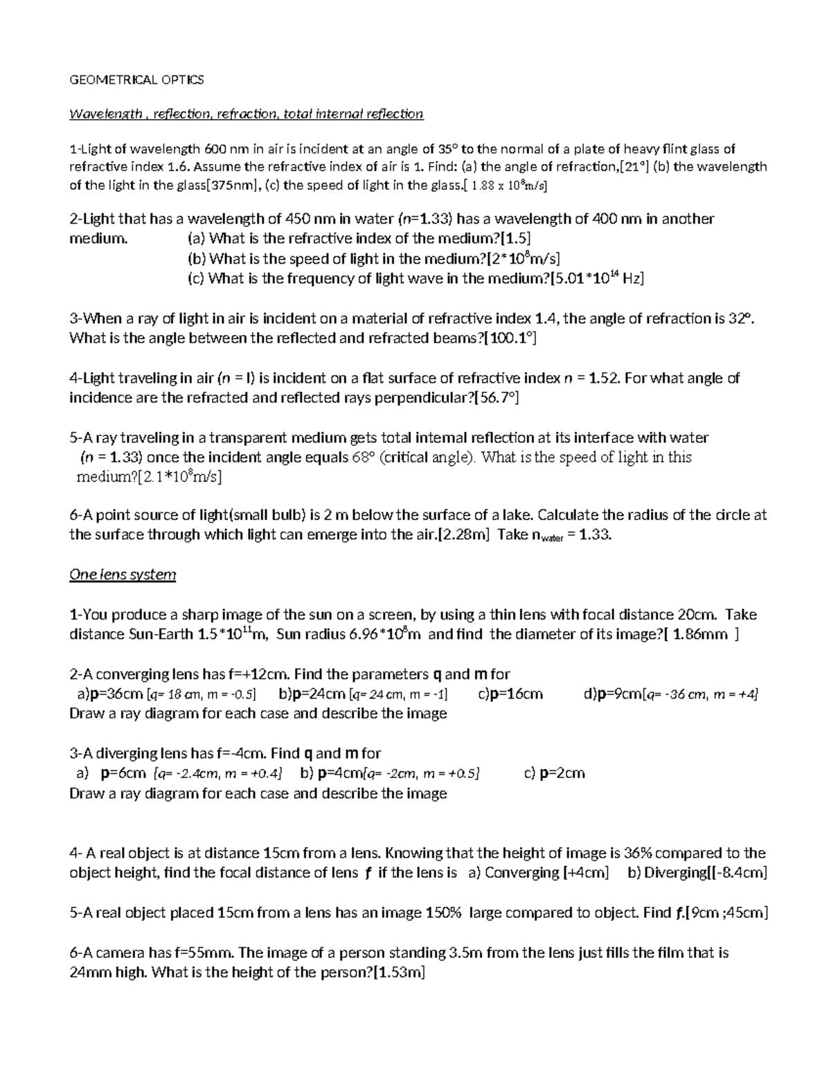 GEOM Optics in class exercises F22 - GEOMETRICAL OPTICS Wavelength ...