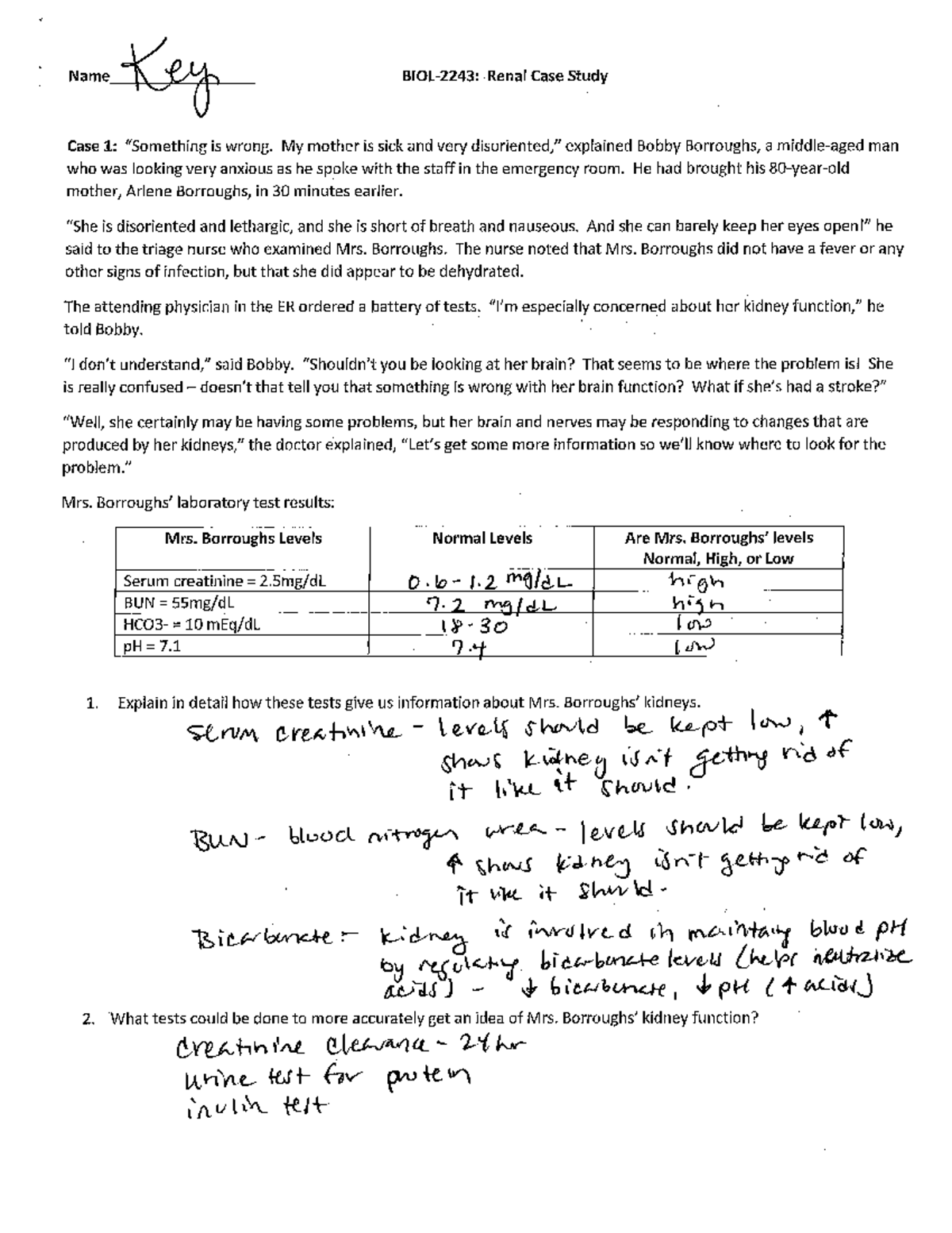 12 Urinary System Case Study Key - BIO100 - Studocu