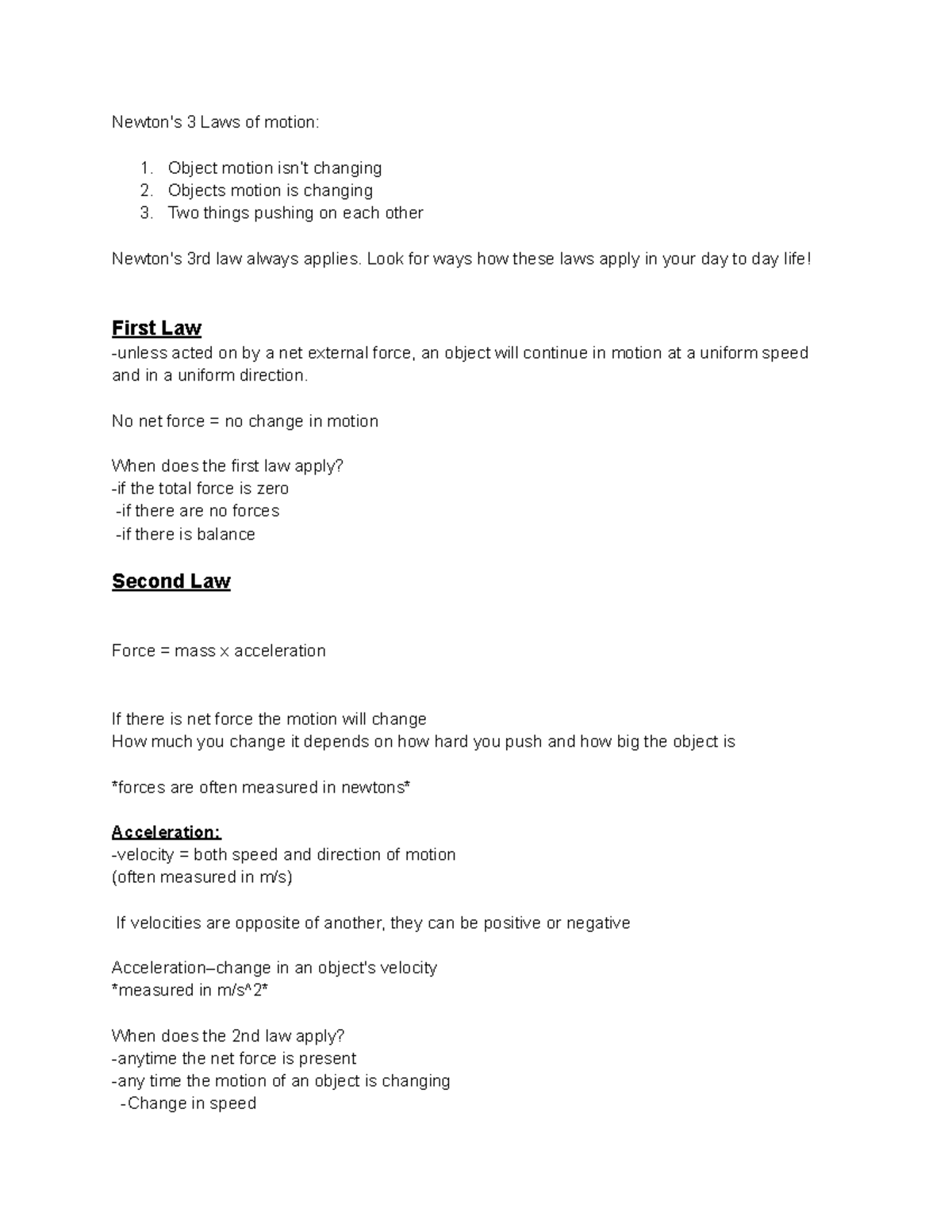 Phys Science Lecture Notes - Newton's 3 Laws of motion: Object motion ...