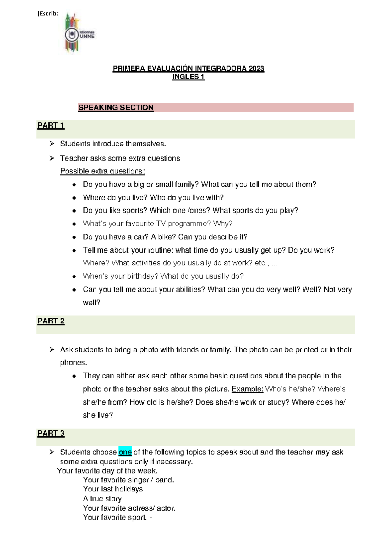 Speaking TEST - 1° Cuatrimestre - Adultos - Nivel 1 2023 - [Escriba ...