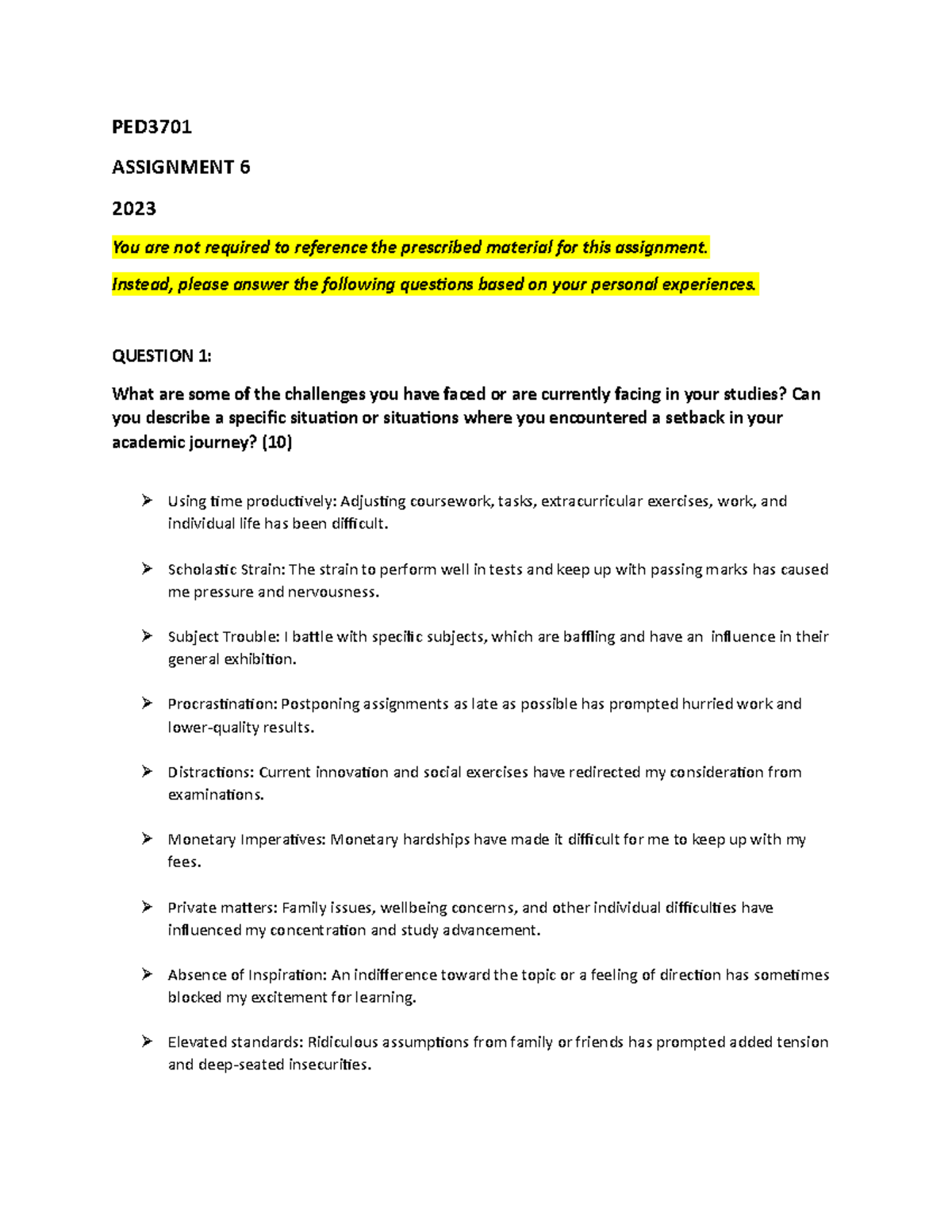 Assessment 6 PED3701 - PED ASSIGNMENT 6 2023 You are not required to ...