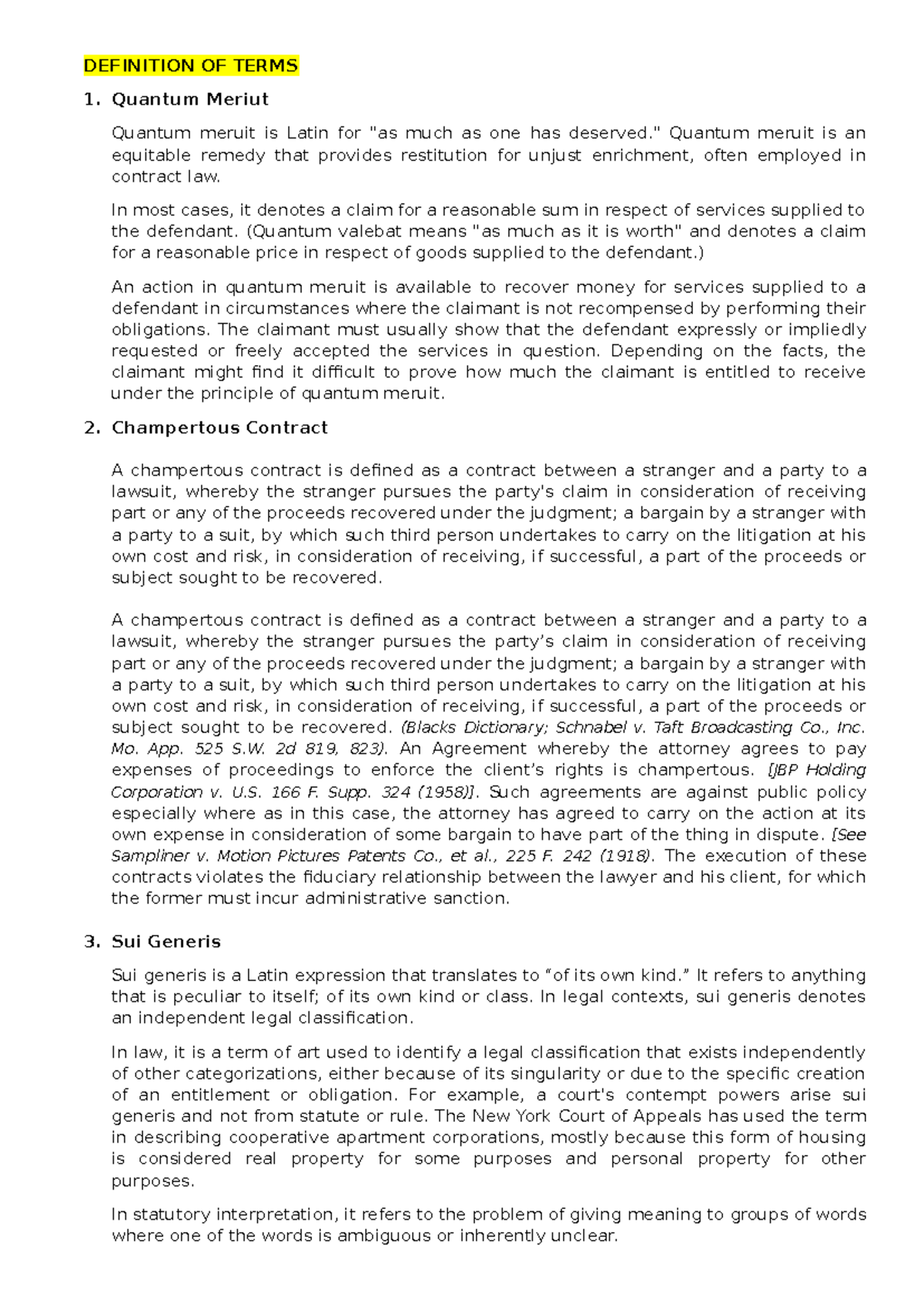 BLE Reviewer - DEFINITION OF TERMS 1. Quantum Meriut Quantum meruit is ...