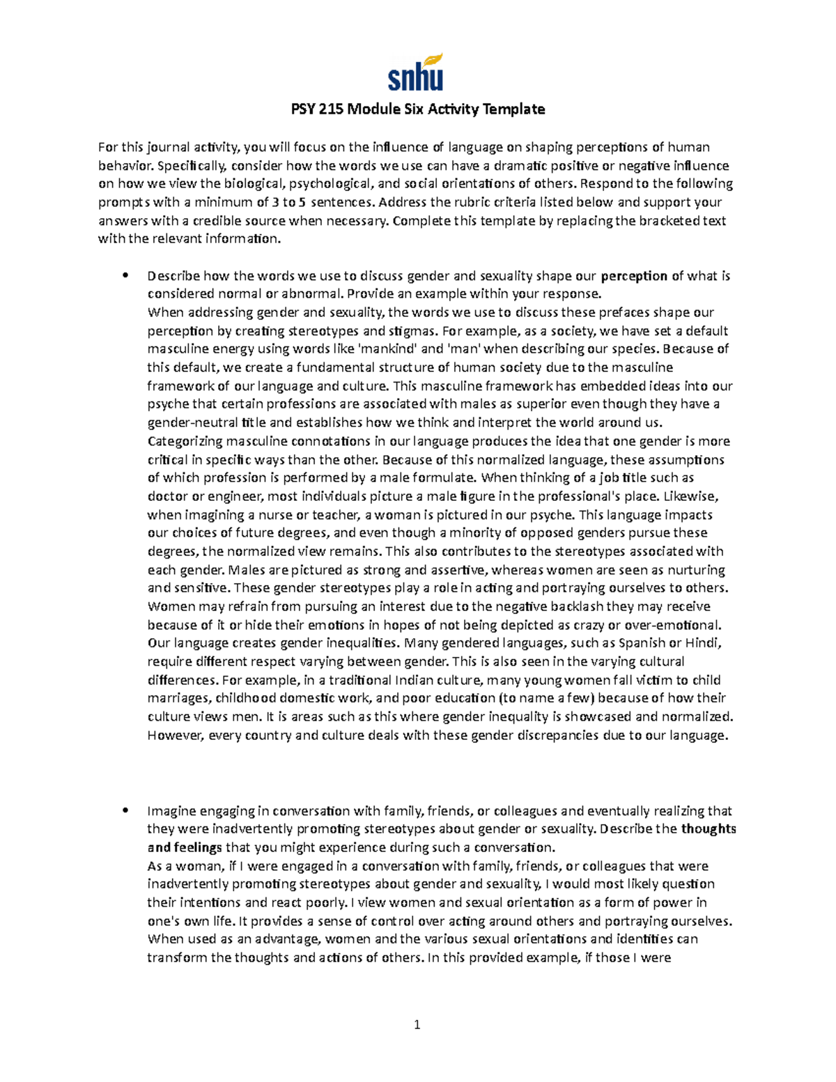 PSY 215 Module Six Activity Template - PSY 215 Module Six Activity ...