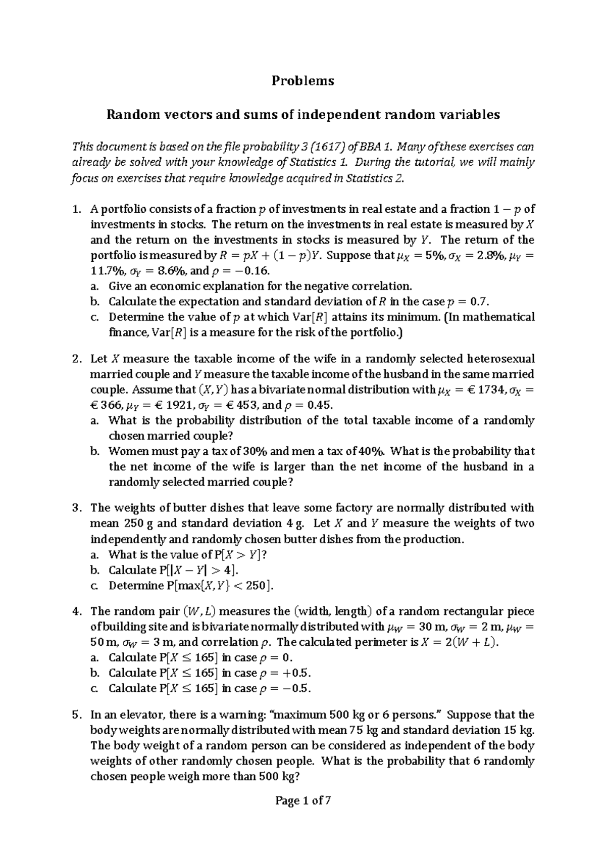 Set 1 - Sample exam - Problems Random vectors and sums of independent ...