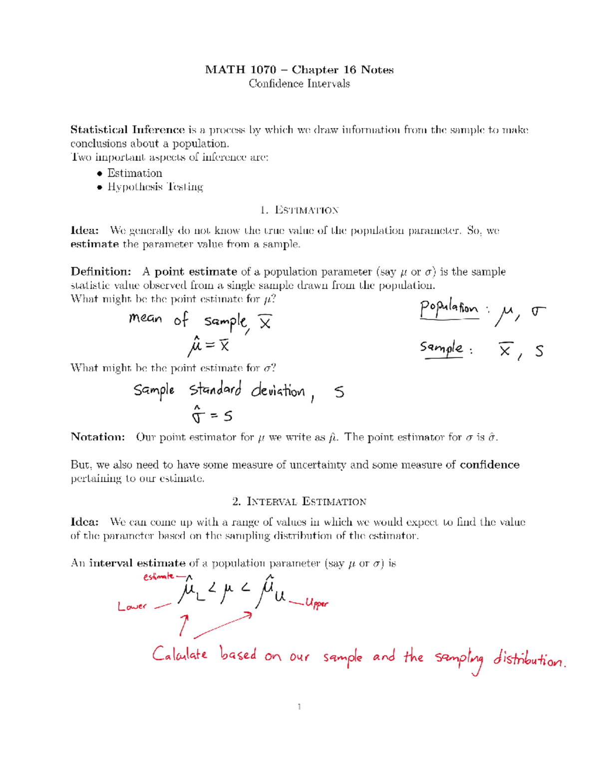Chapter 16-Complete - stats - MATH 1070 Chapter 16 Notes Confidence ...